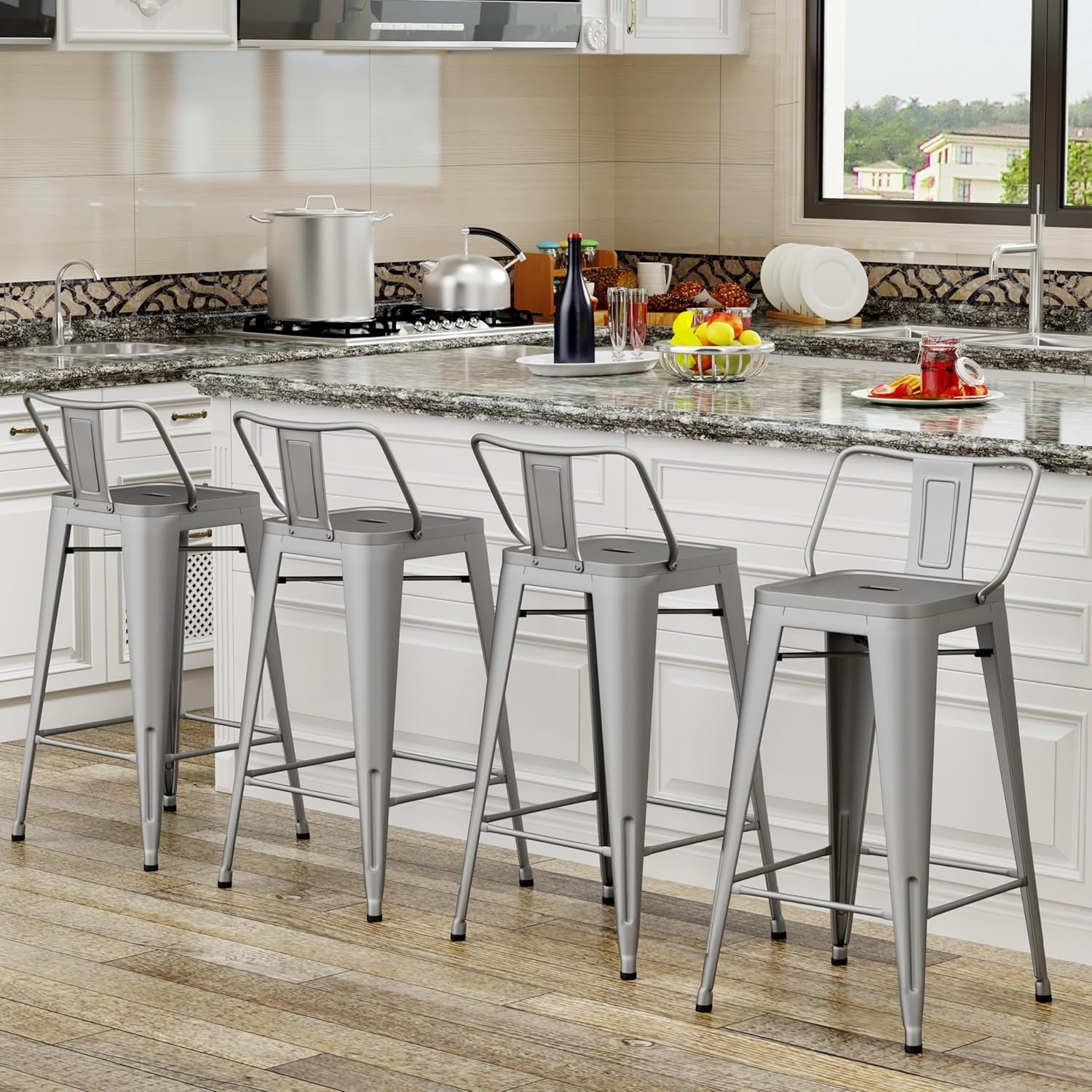 Metal Stools Set of 4 Barstools Counter Height Stools with Back ...