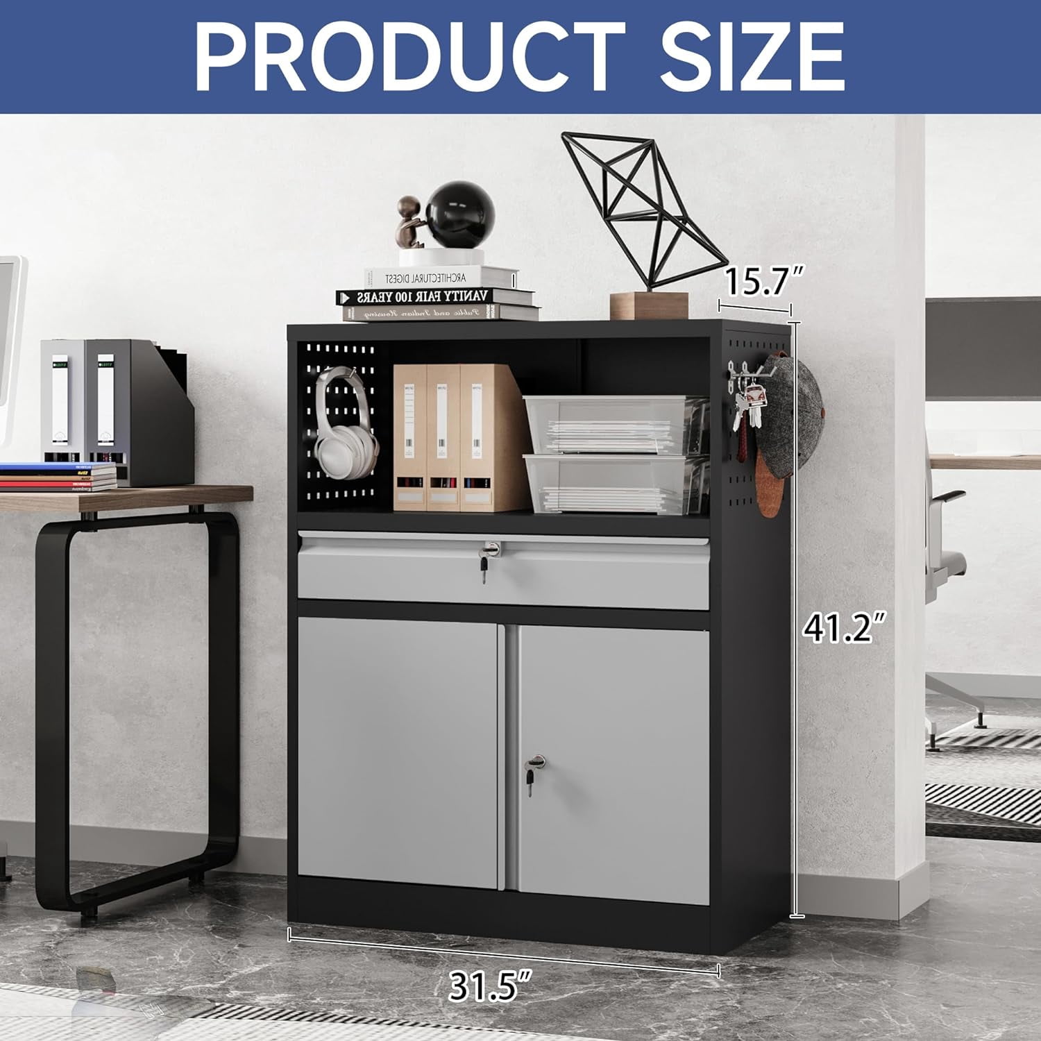 Metal Storage Cabinet with 1 Drawer, 41.2" Steel Lockable Storage ...