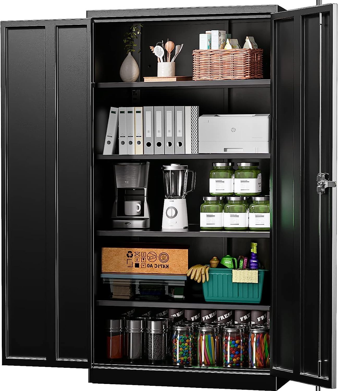 Metal Storage Cabinet with 2 Doors and 1 Adjustable Shelves 35.4" H Top ...
