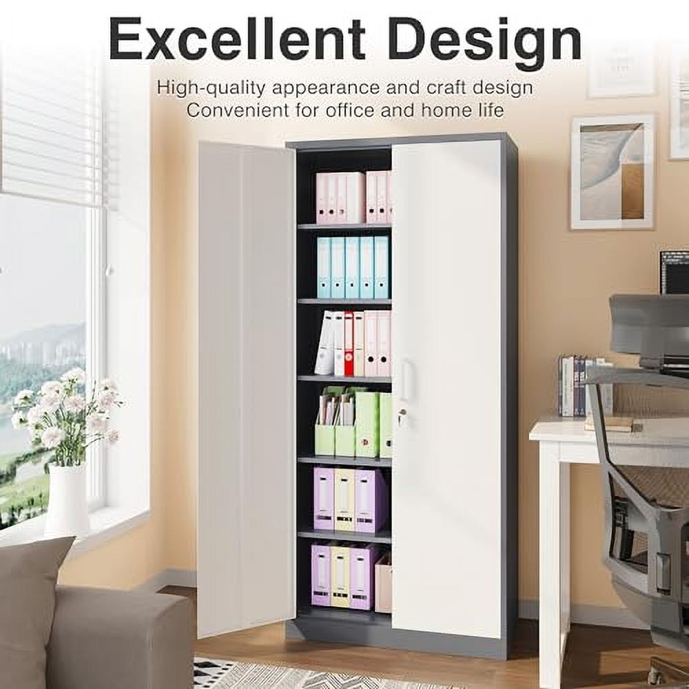 Metal Storage Cabinet with 2 Doors and 5 Adjustable Shelves,Gray White ...