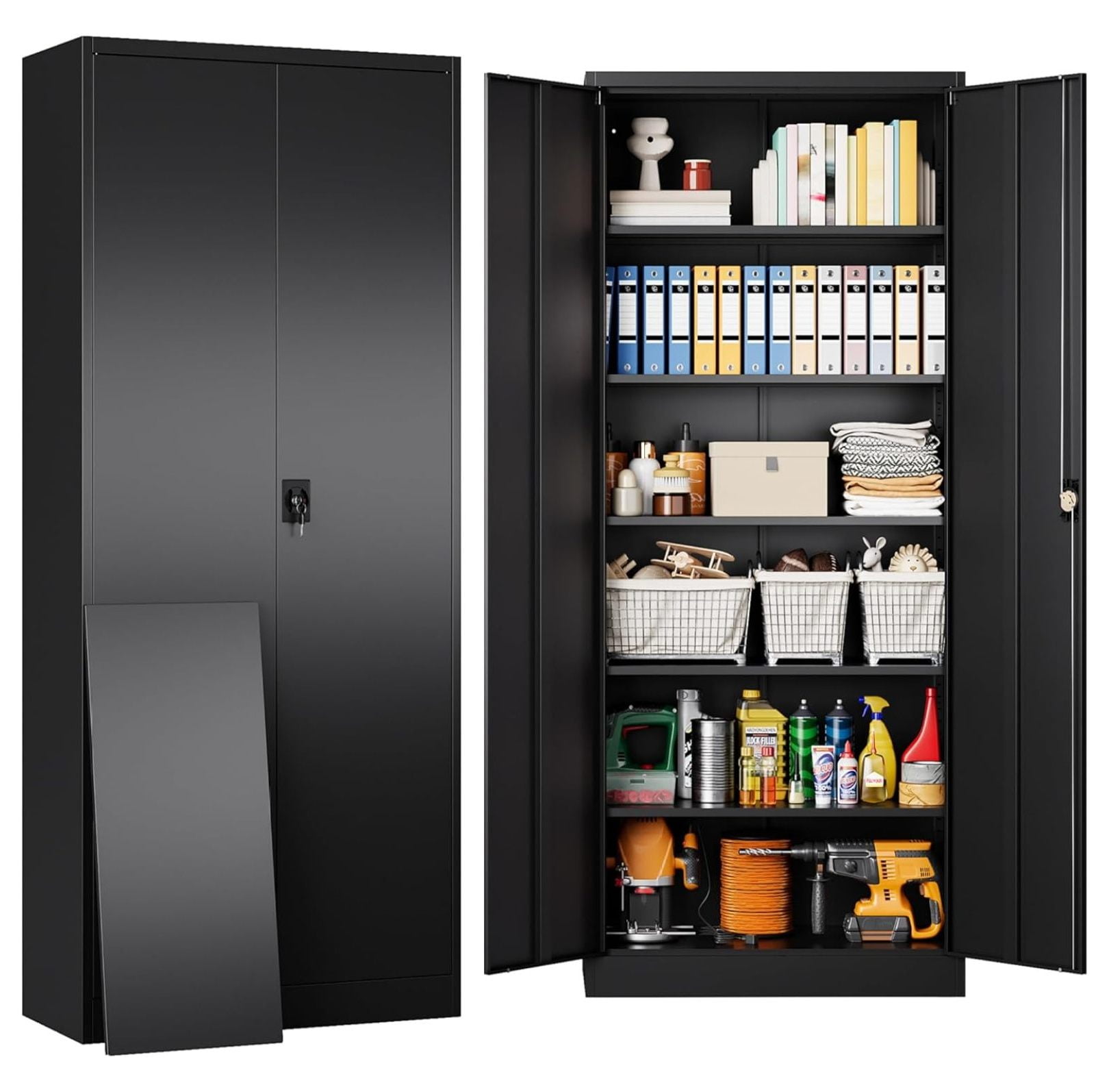 Metal Storage Cabinet with 2 Doors and 6 Shelves,71" Lockable Garage ...