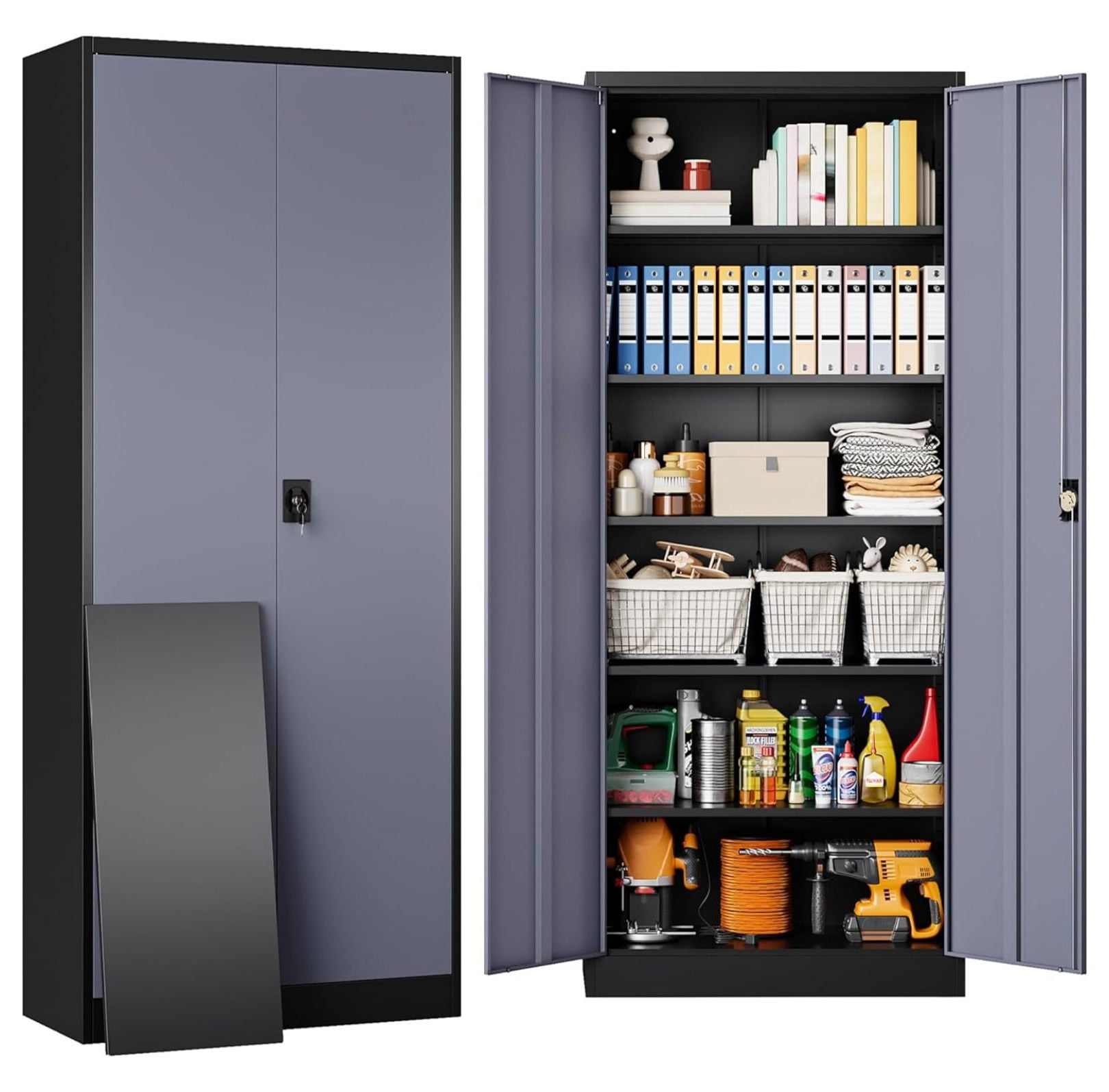 Metal Storage Cabinet with 2 Doors and 6 Shelves,Gray Metal Cabinet ...