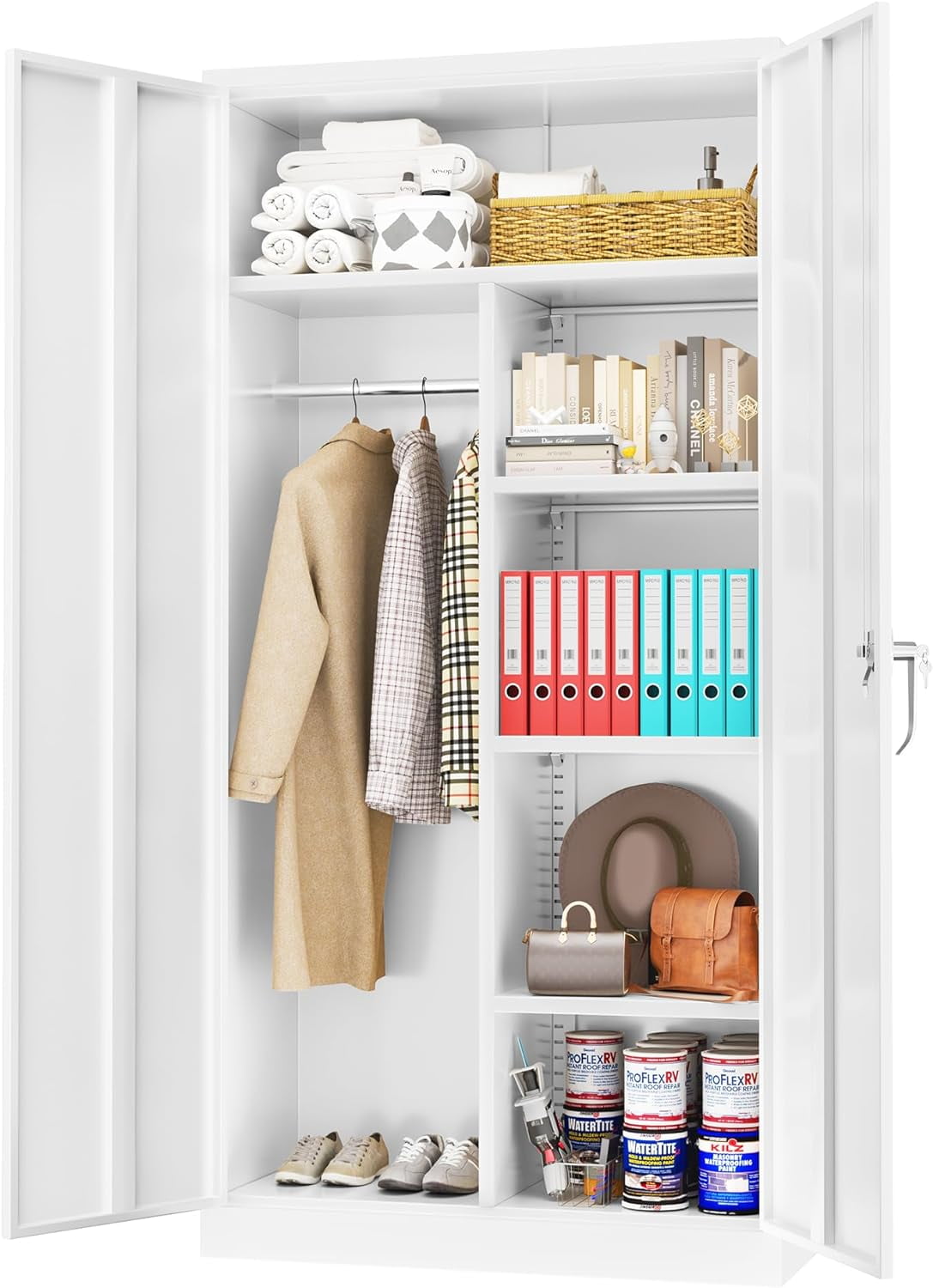 Metal Storage Cabinet with 2 Doors, White 72” Steel Storage Wardrobe ...