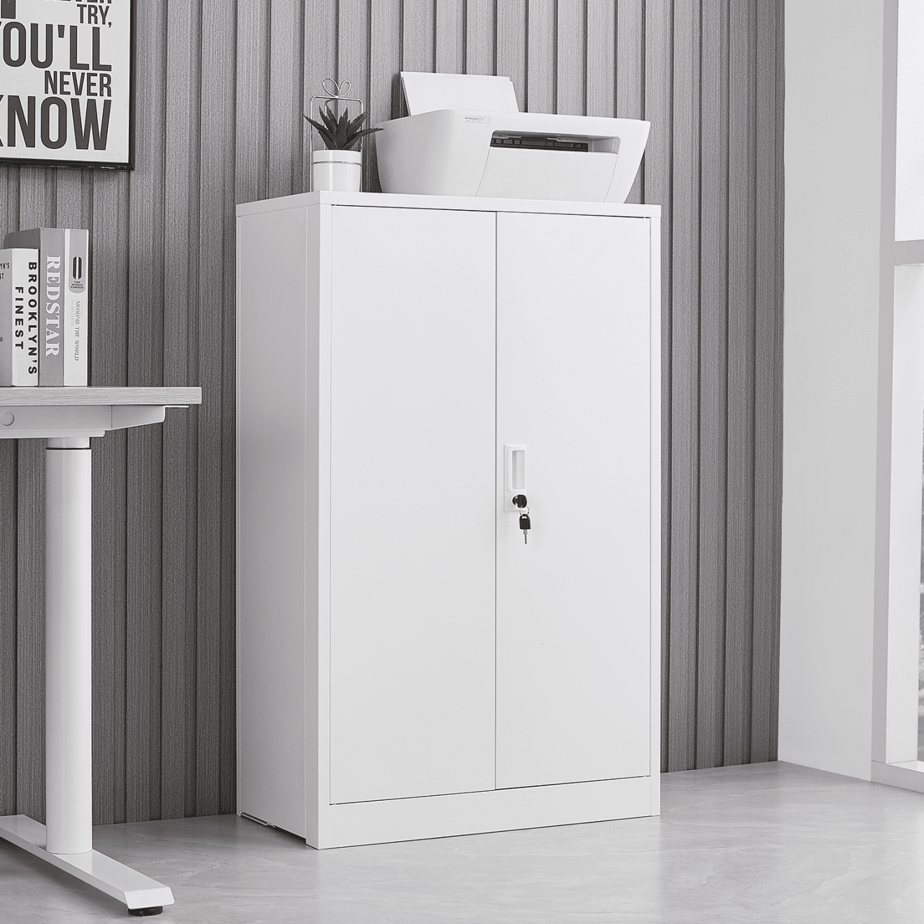 White Metal Storage Cabinet with Locking Doors, Adjustable Shelves ...