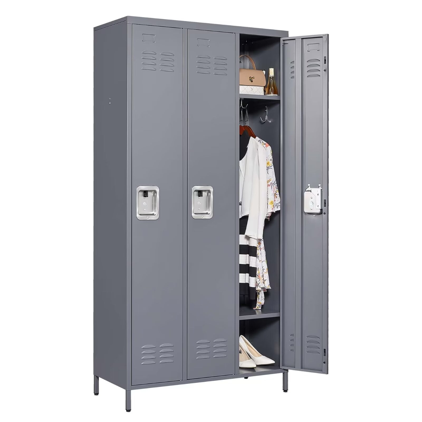 Metal Storage Cabinet with 3 Doors, 72" Tall Steel Locker with Lock for ...