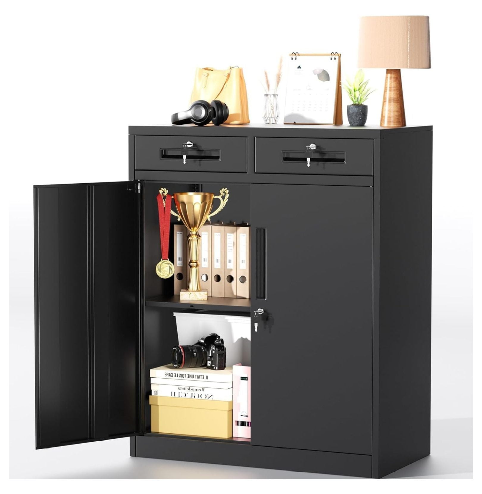 Metal Storage Cabinet, 42" H Black Steel Locking Storage Cabinet with ...
