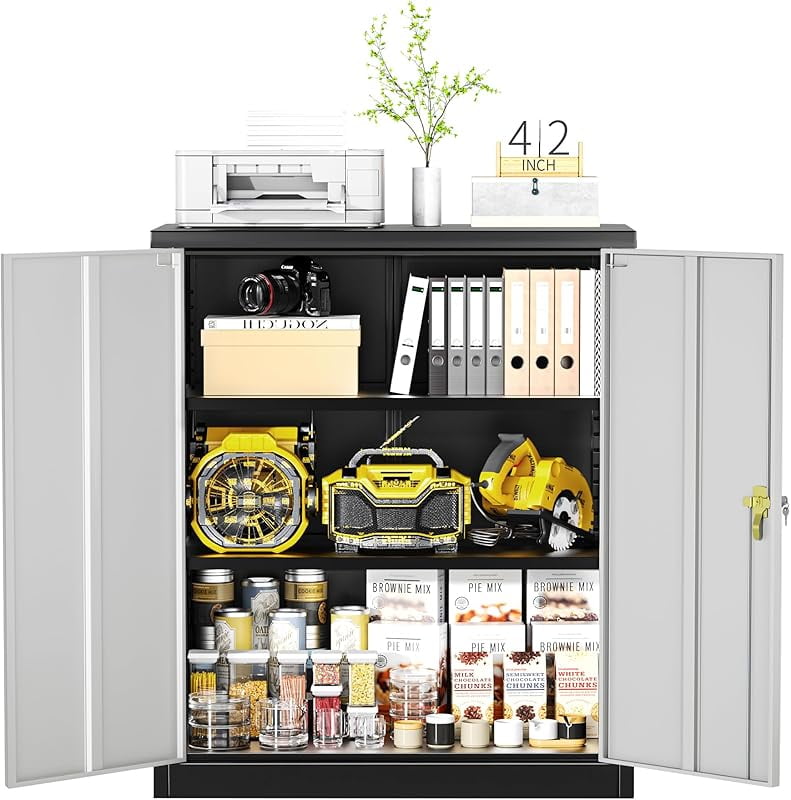 Metal Storage Cabinet, 72" Black Steel Garage Cabinet with Doors and ...