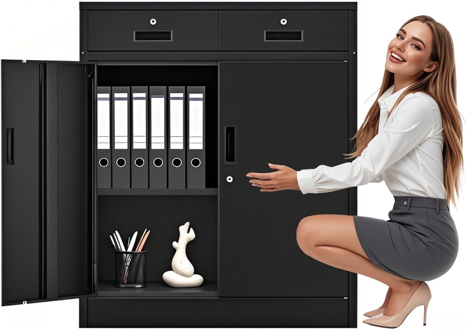 Metal Storage Cabinet with Adjustable Shelf & 2 Drawers, File Cabinet ...