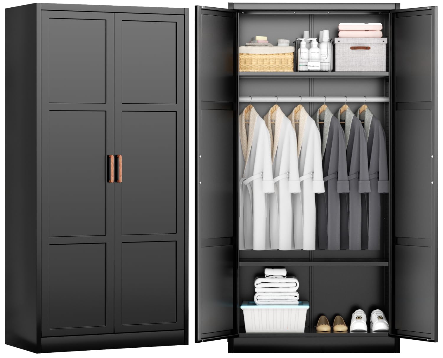 Metal Storage Cabinet with Hanging Rail, Black Armoire Wardrobe Closet ...