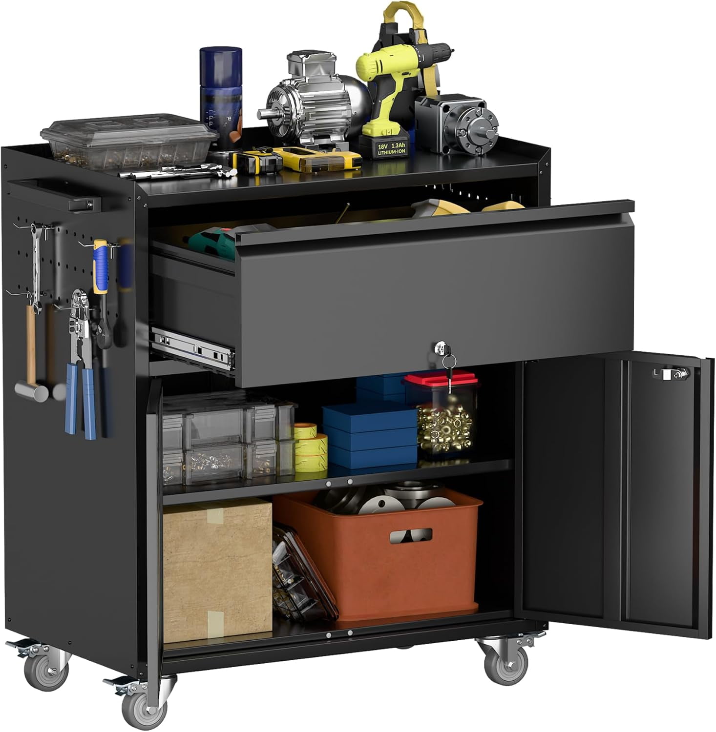 Metal Storage Cabinet with Hooks & Pegboard,Top Workbench Mobile Tool ...