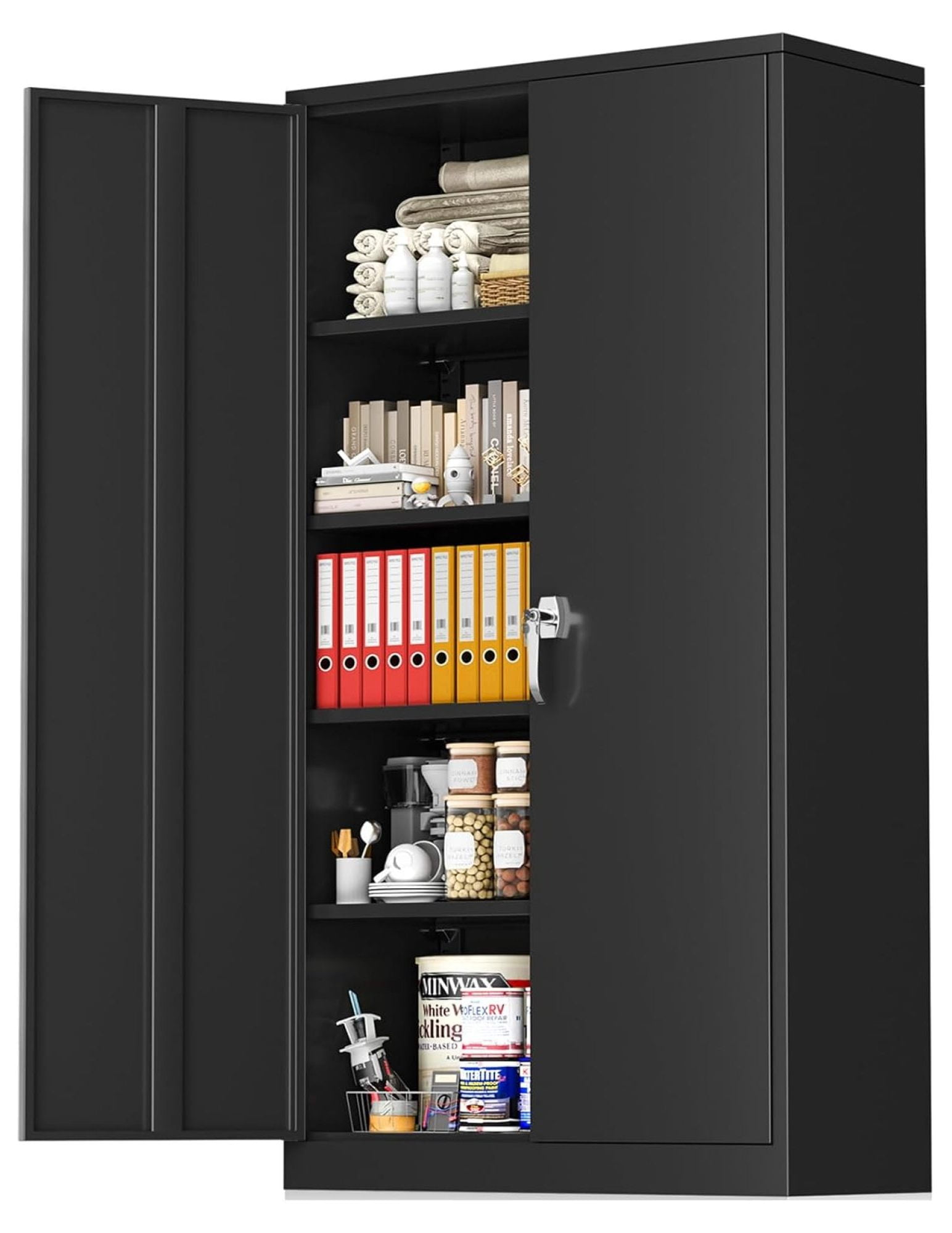Metal Storage Cabinet with Lock, 72” Black Garage Storage Cabinet with ...