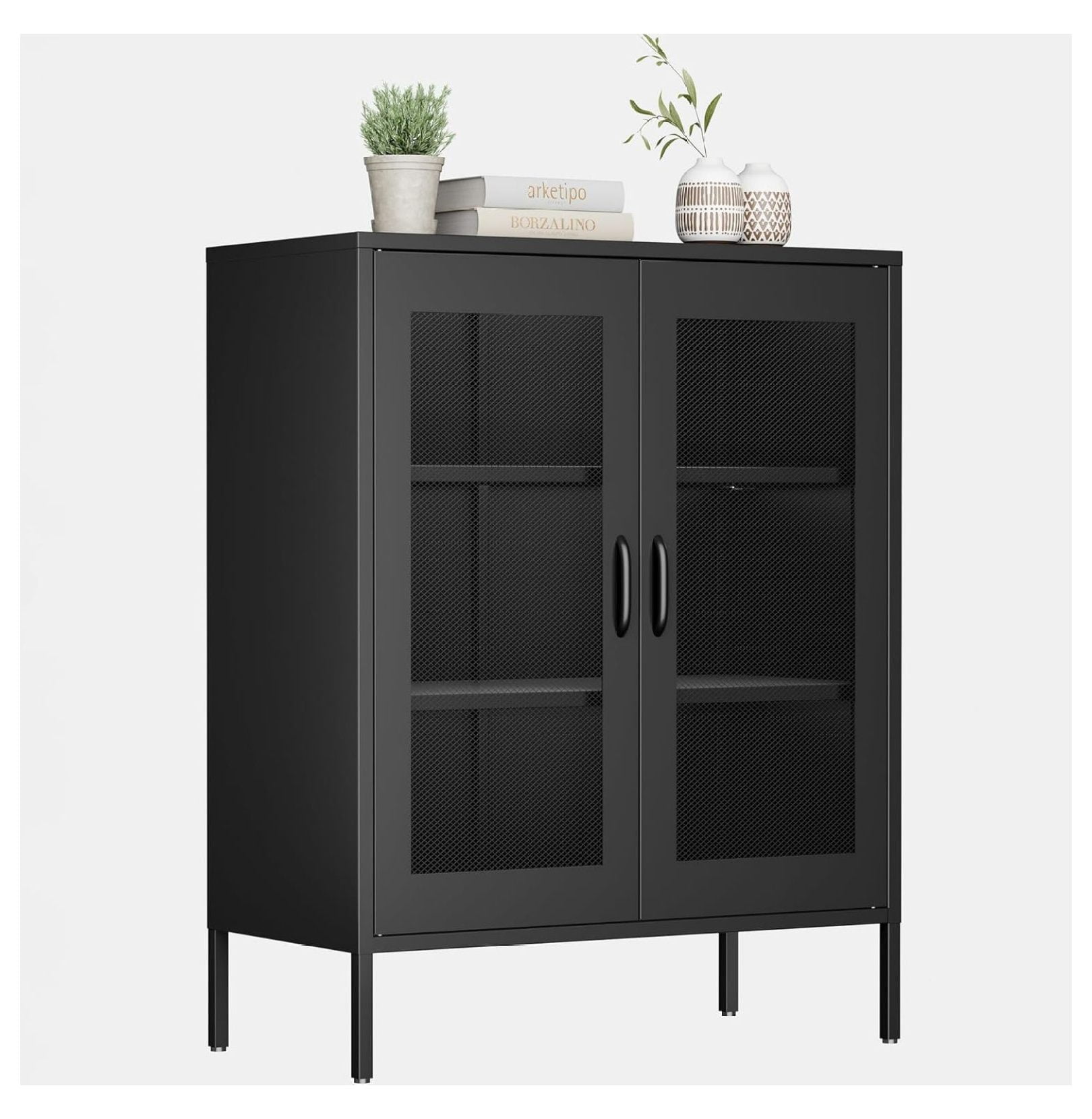 Metal Storage Cabinet with Mesh Doors, 3 Shelves Buffet Sideboard ...