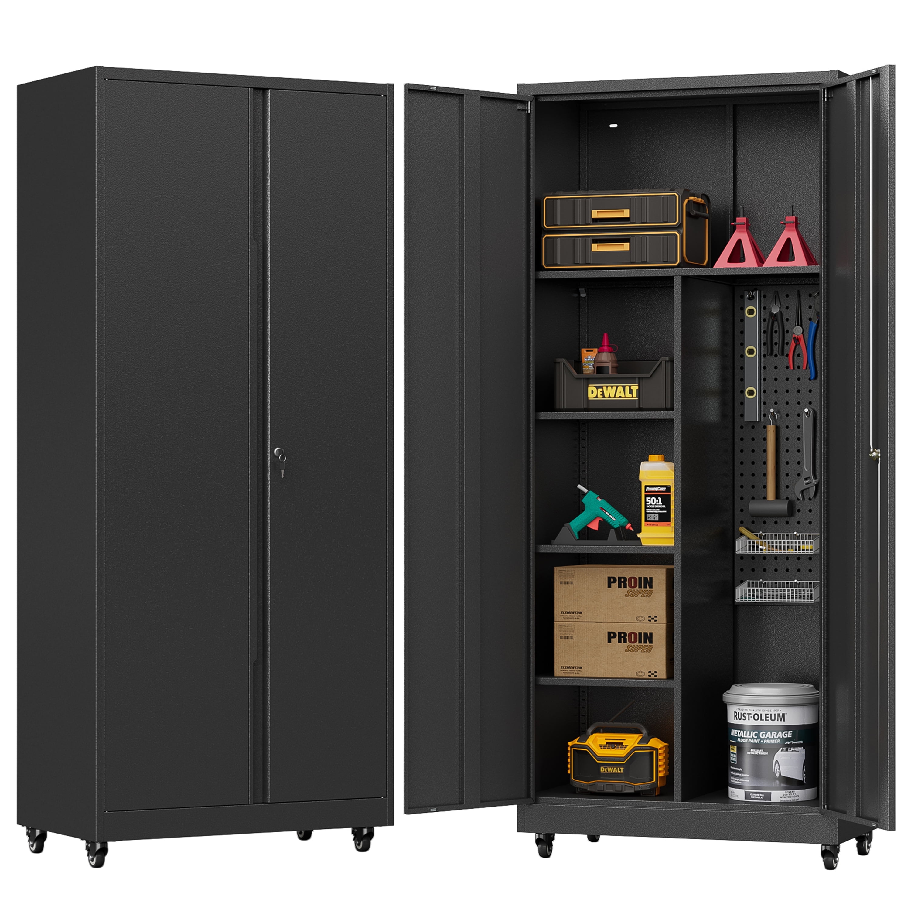 Metal Storage Cabinet with with Pegboard and Wheels, Steel Garage ...
