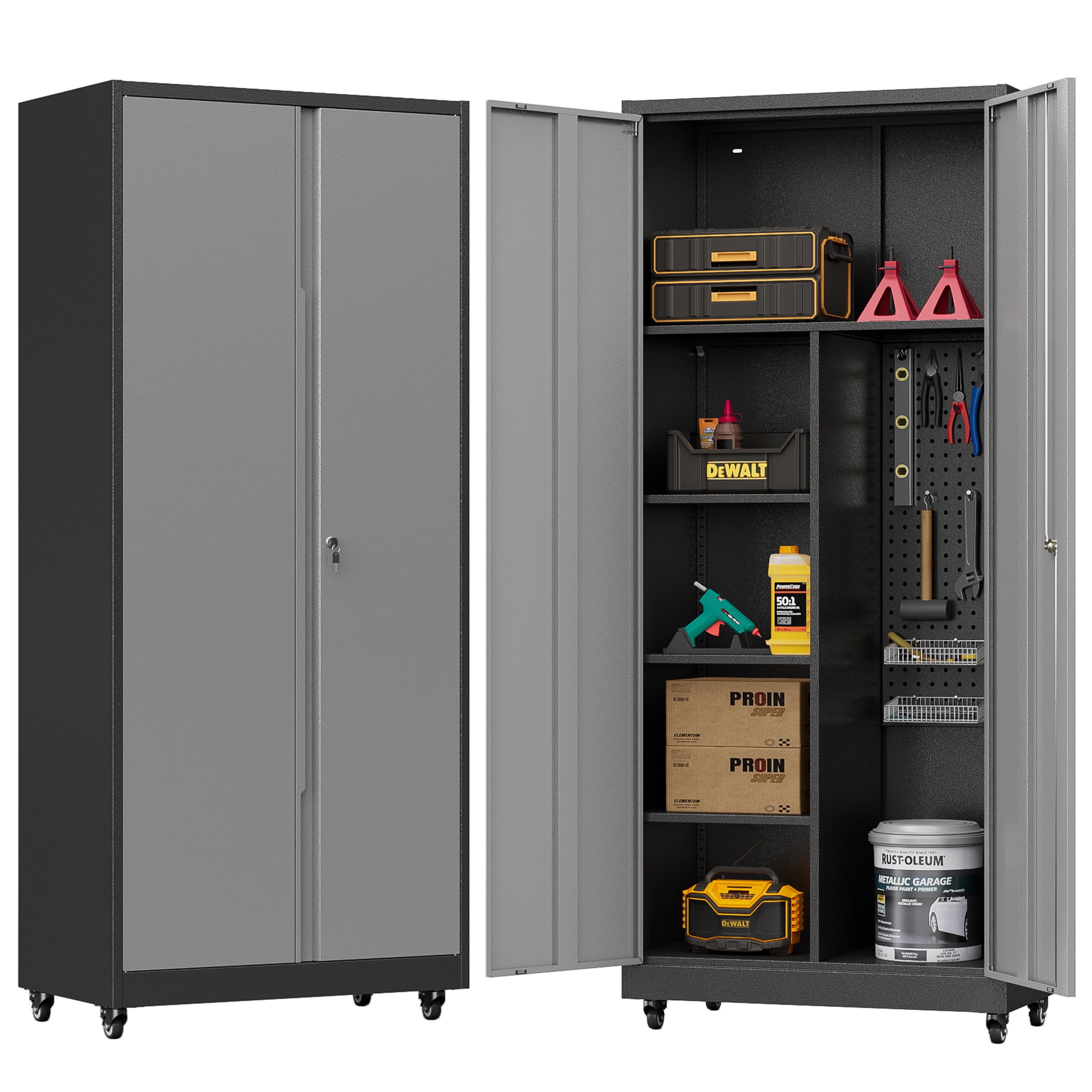 Metal Storage Cabinet with with Pegboard and Wheels, Steel Garage ...