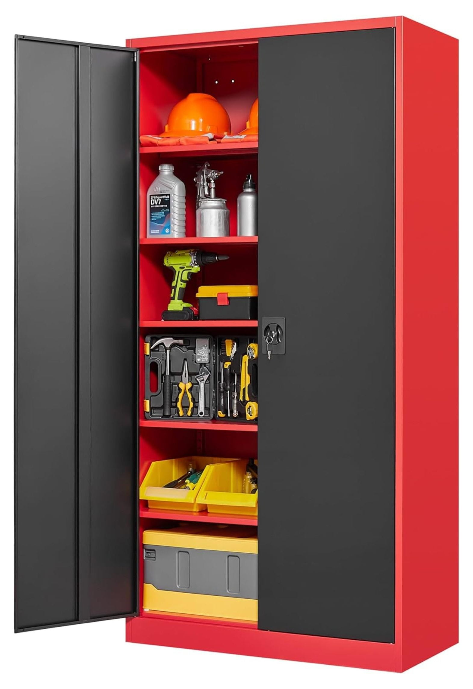 Metal Storage Cabinet with Shelves,Garage Storage Cabinet with Lock,Red ...