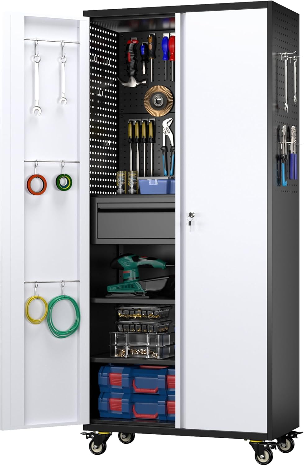 Metal Storage Cabinet with Wheels and 1 Interior Drawer Steel Rolling ...