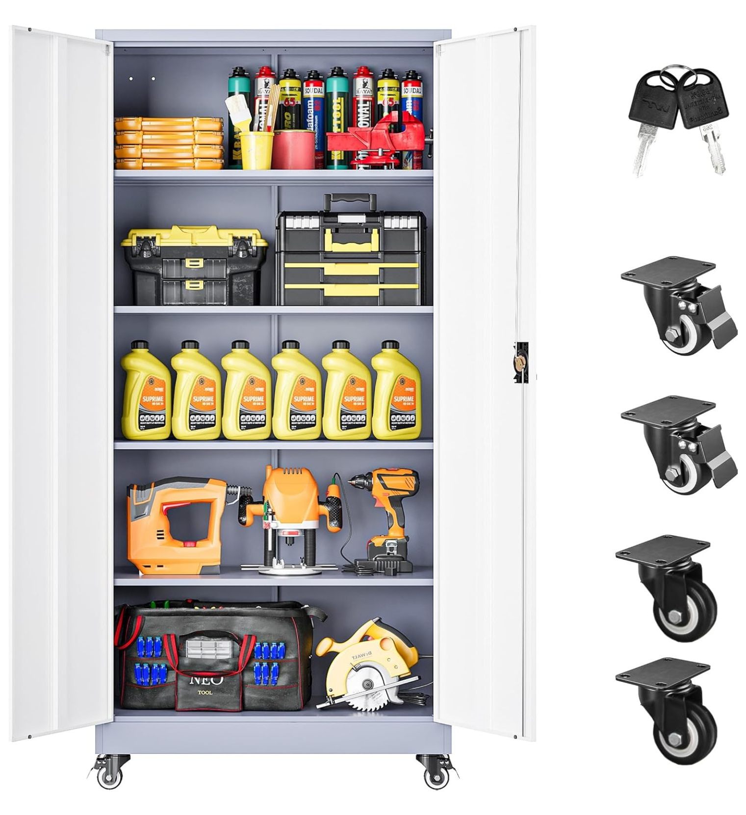 Metal Storage Cabinet with Wheels,75 inch Rolling Garage Storage ...