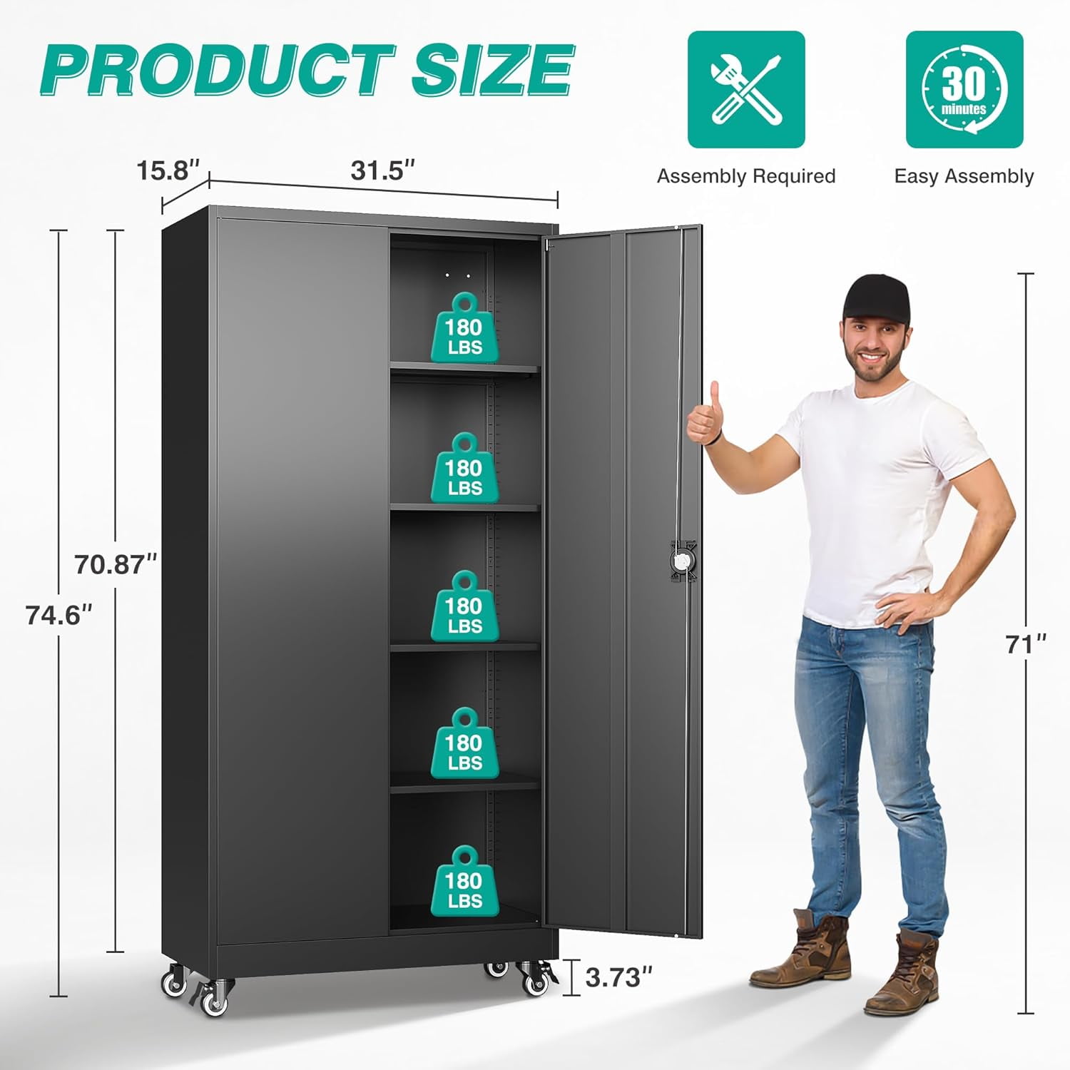 Metal Storage Cabinet with Wheels, 75 inch Tall Rolling Garage Storage ...