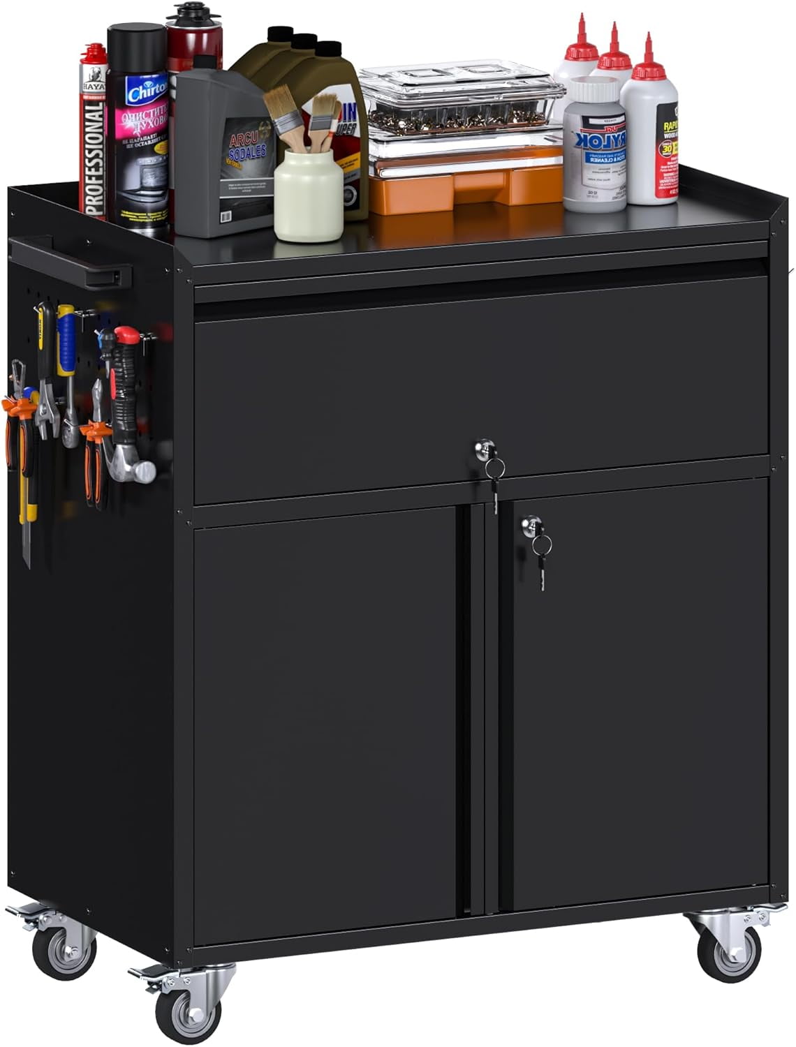 Metal Storage Cabinet on Wheels, Black Rolling Tool Cabinet with Drawer ...