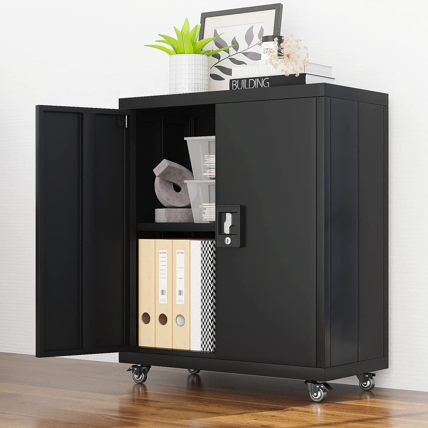 Metal Storage Cabinet with Wheels, Lockable Garage Cabinets with Door ...