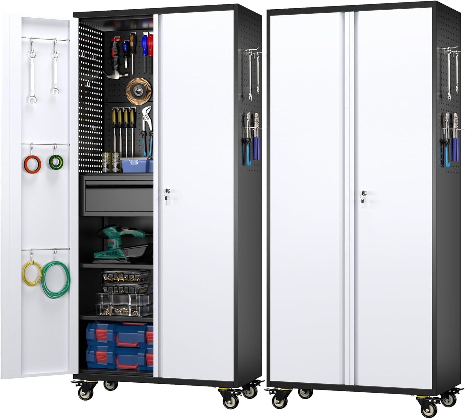 Metal Storage Cabinet with Wheels, Locking 2 Doors, Steel Rolling Tool ...