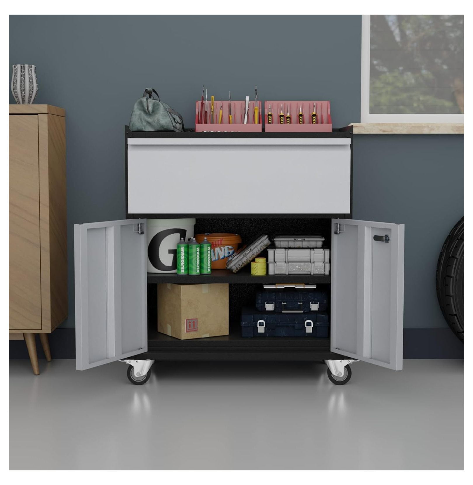 Metal Storage Cabinet with Wheels, Locking Garage Storage Cabinet with ...