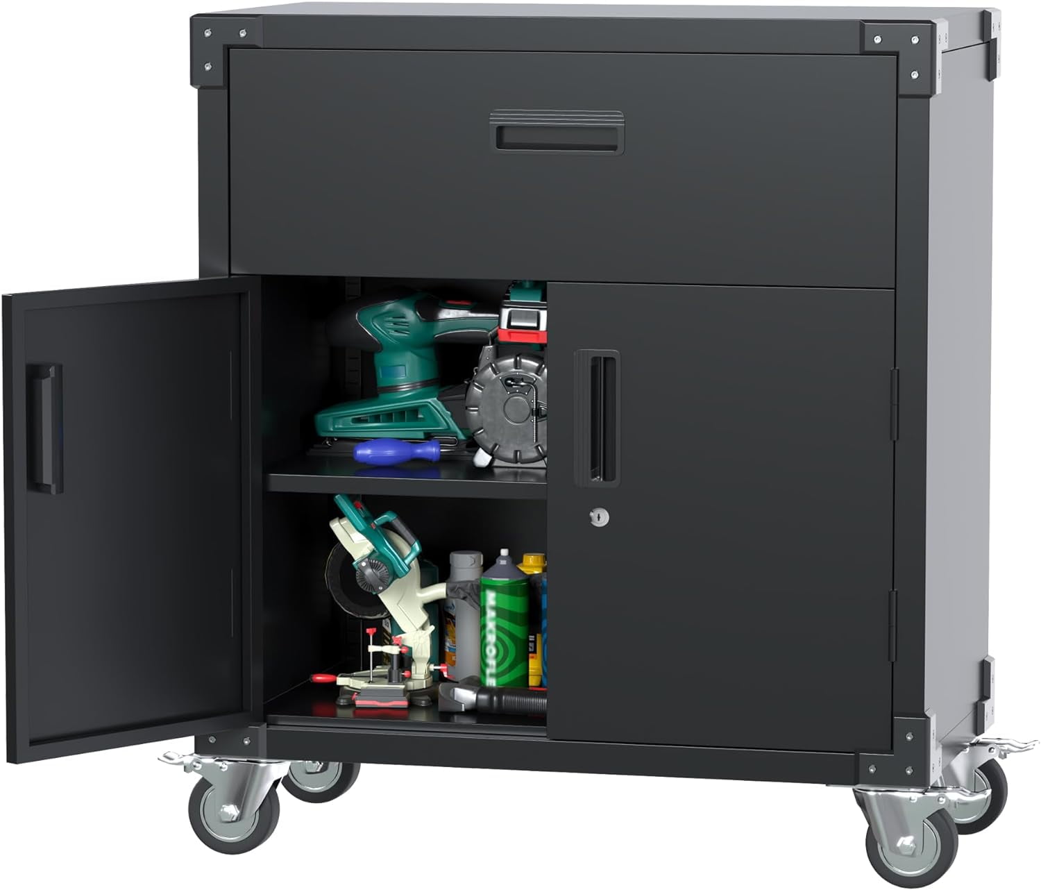 Metal Storage Cabinet with Wheels, Mobile Metal Garage Cabinet with 1 ...