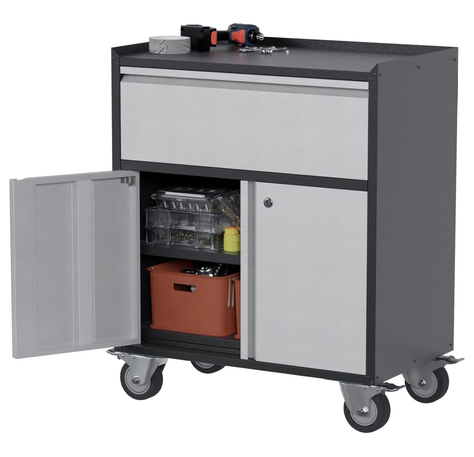 Metal Storage Cabinet with Wheels, Mobile Metal Garage Cabinet with 1 ...