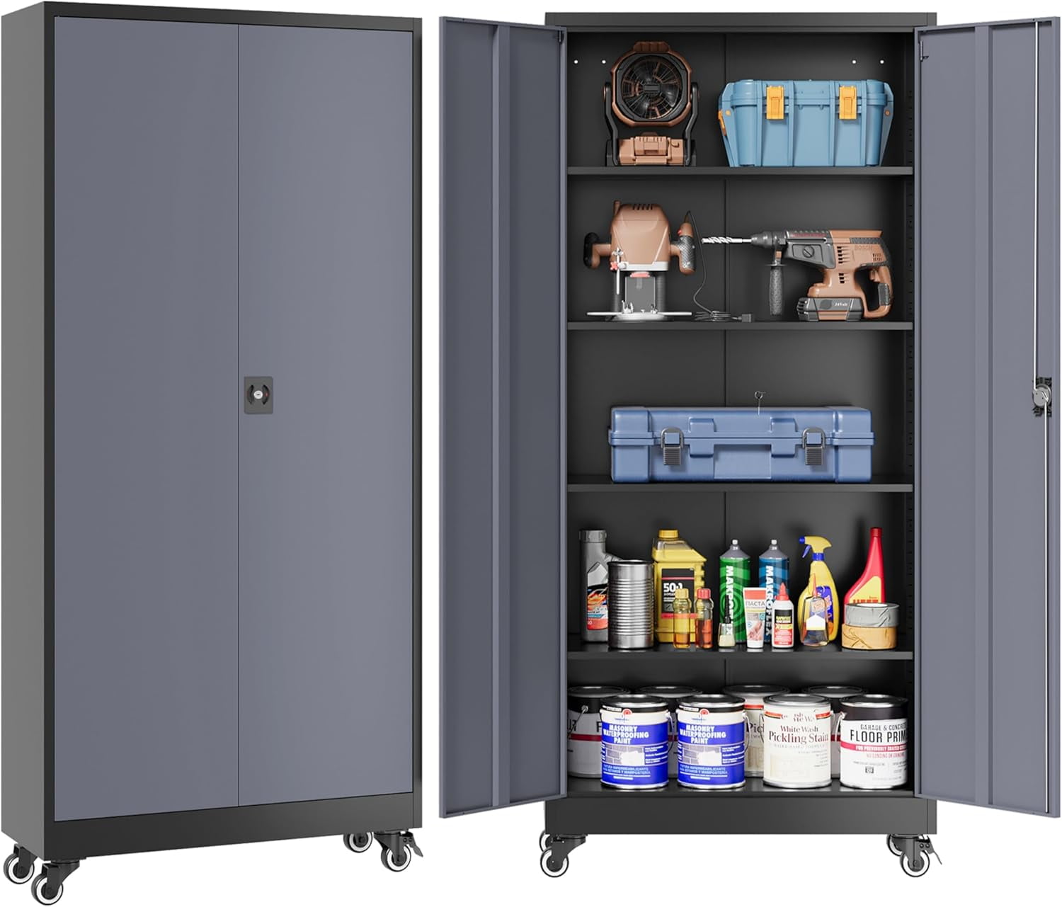 Metal Storage Cabinet with Wheels Rolling Garage Storage Cabinet with Lock Black Metal Cabinets ...
