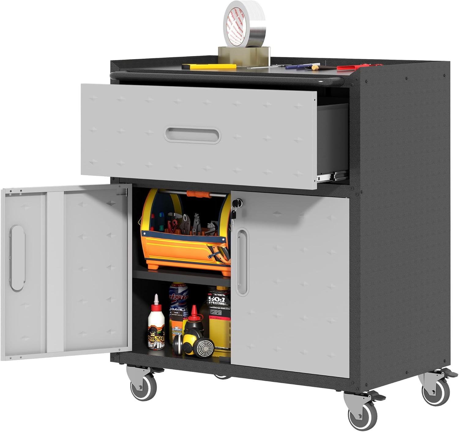 Metal Storage Cabinet with Wheels, Rolling Tool Cabinet with Adjustable ...