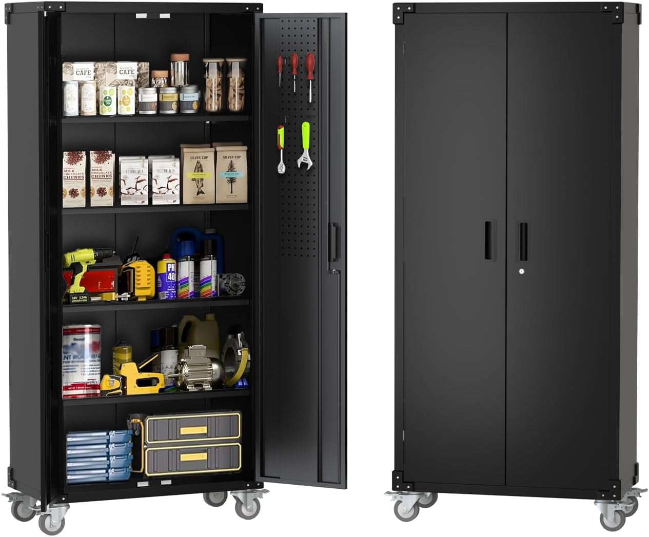Metal Storage Cabinet with Wheels, Steel Tool Cabinet with Pegboard and ...