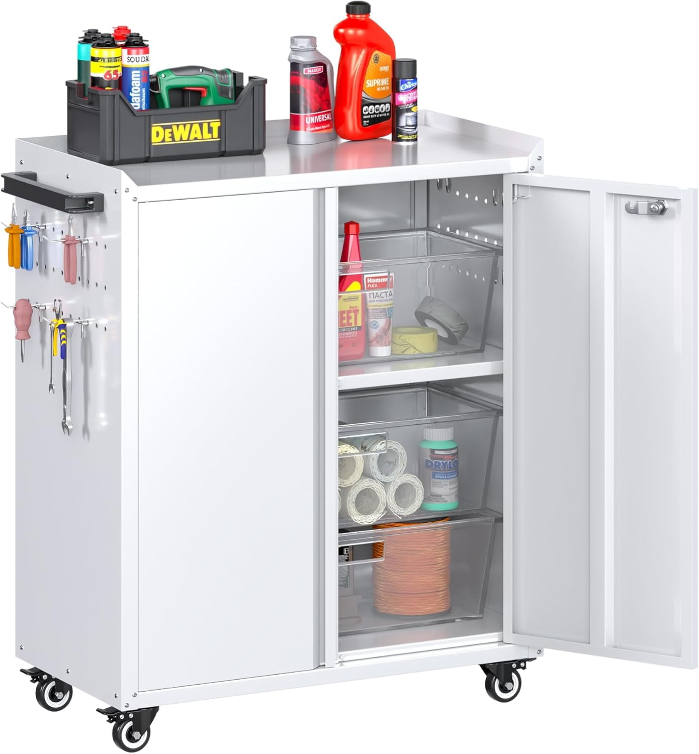 Metal Storage Cabinet with Wheels, White Rolling Tool Cabinet with ...