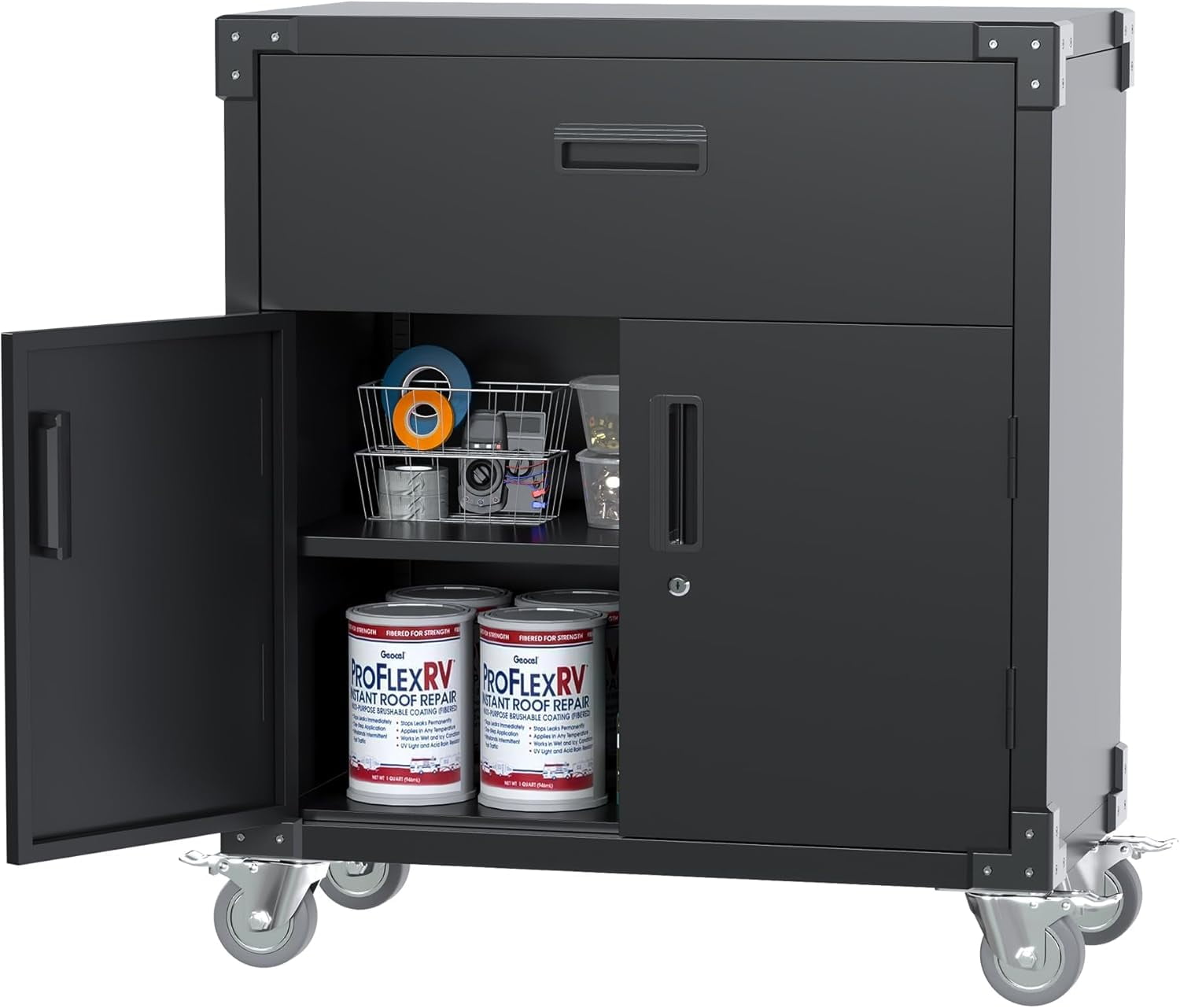 Metal Storage Cabinet on Wheels Metal Rolling Tool Cabinet with 2 Doors ...