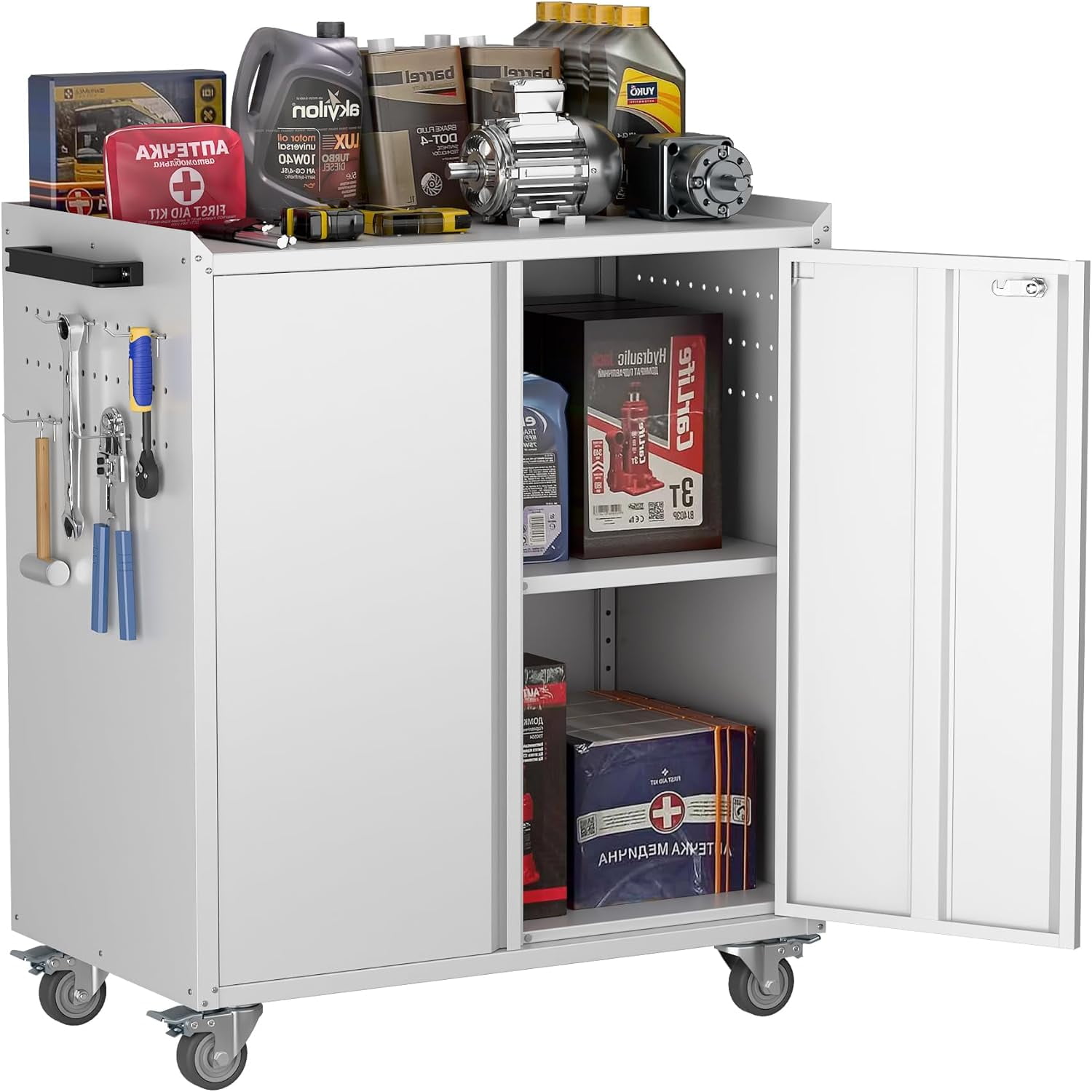 Metal Storage Cabinet on Wheels Metal Rolling Tool Cabinet with 2 Doors ...