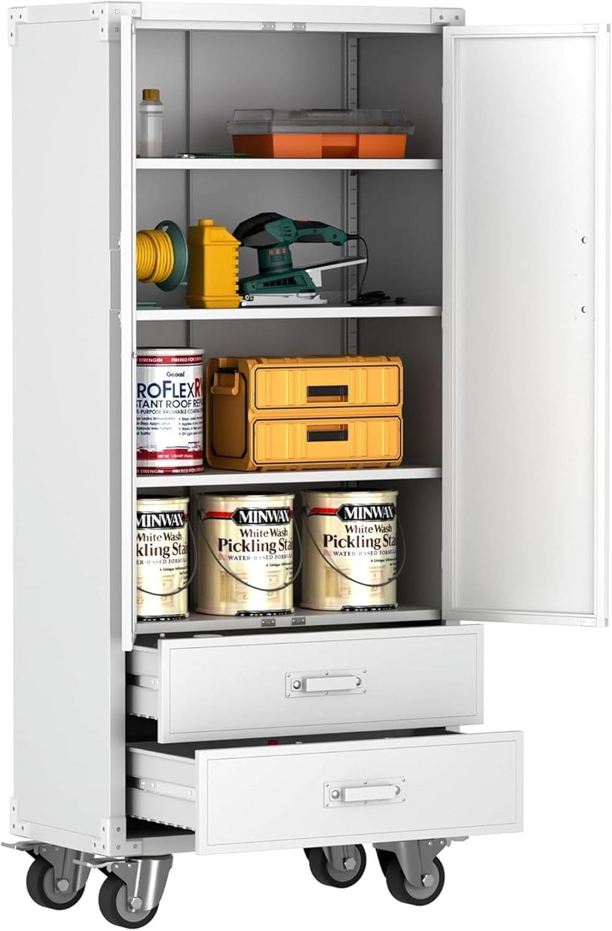 Metal Storage Cabinet with 2 Drawers, Garage Tool Cabinet on Wheels for ...