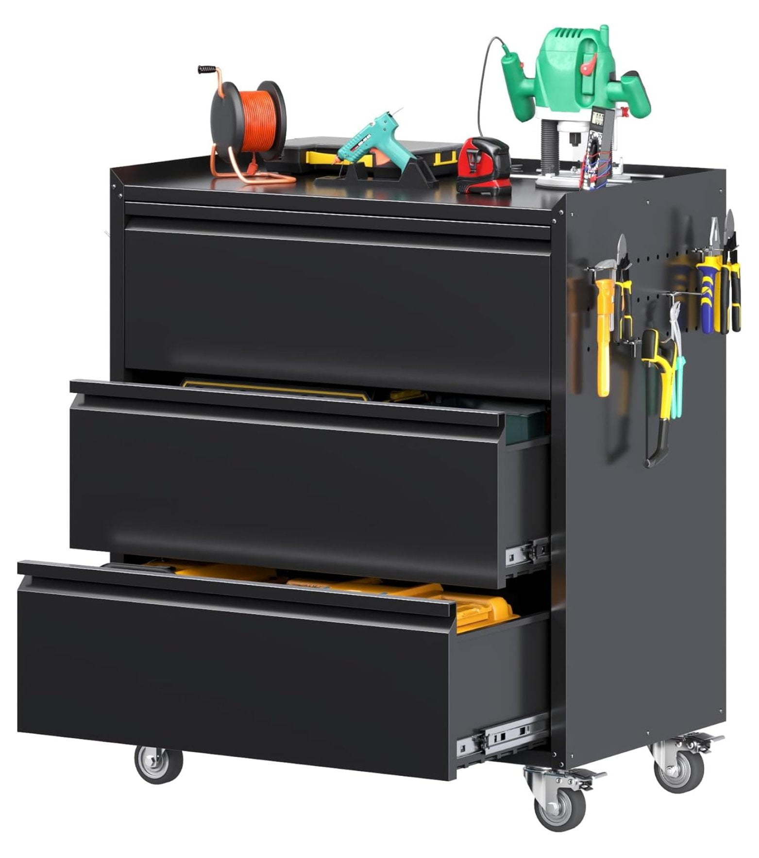 Metal Storage Cabinet with 3 Drawer and 4 ,35.4" H Top Workbench Mobile ...