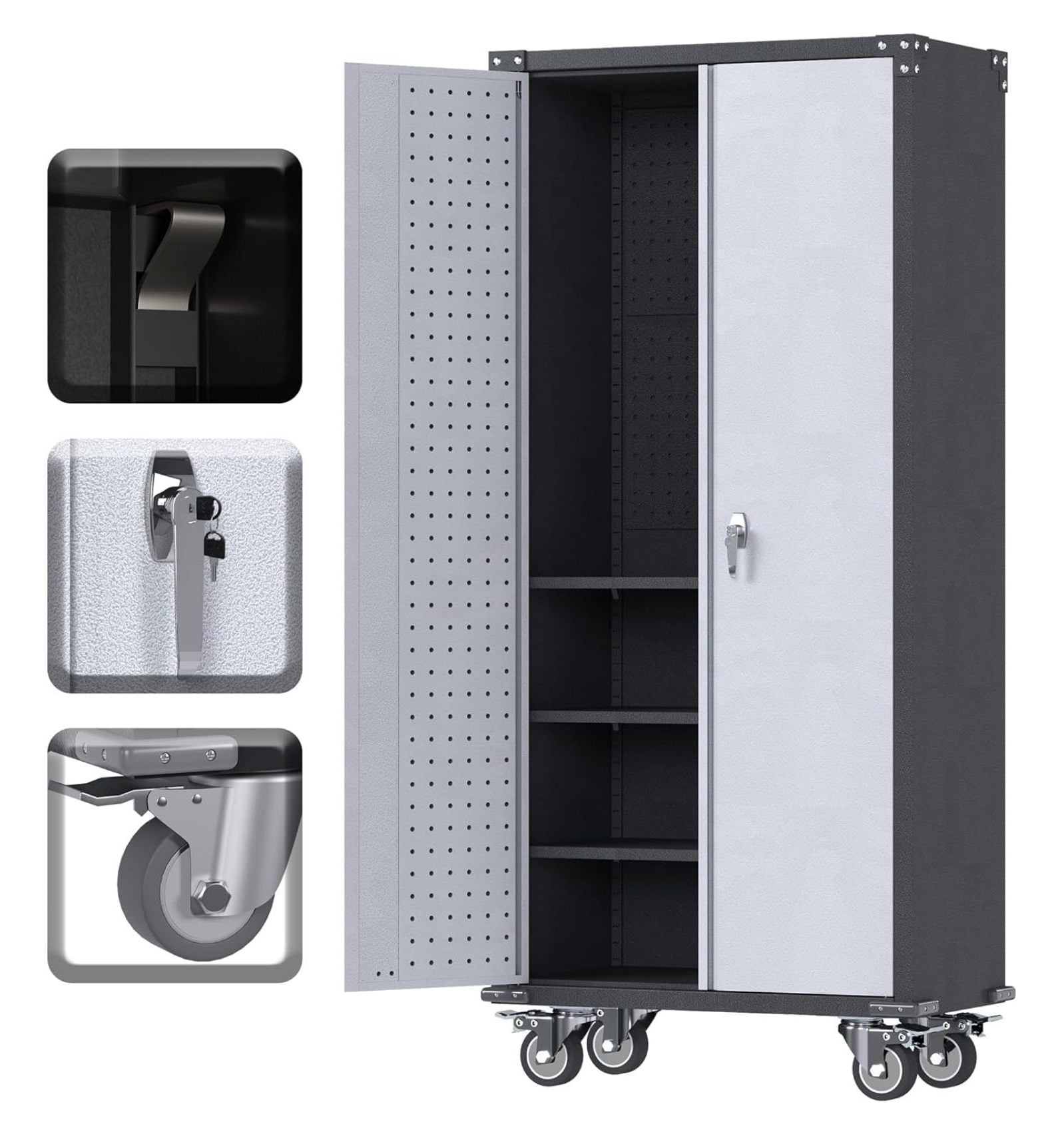 Metal Storage Cabinet with Pegboard and Wheels, Metal Utility Cabinets ...