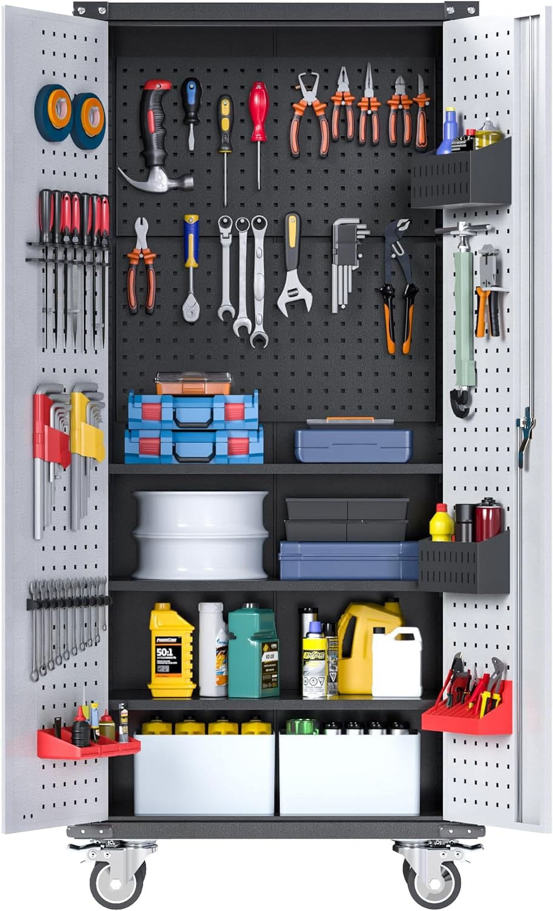 Metal Storage Cabinet with Pegboard and Wheels, Metal Utility Cabinets ...