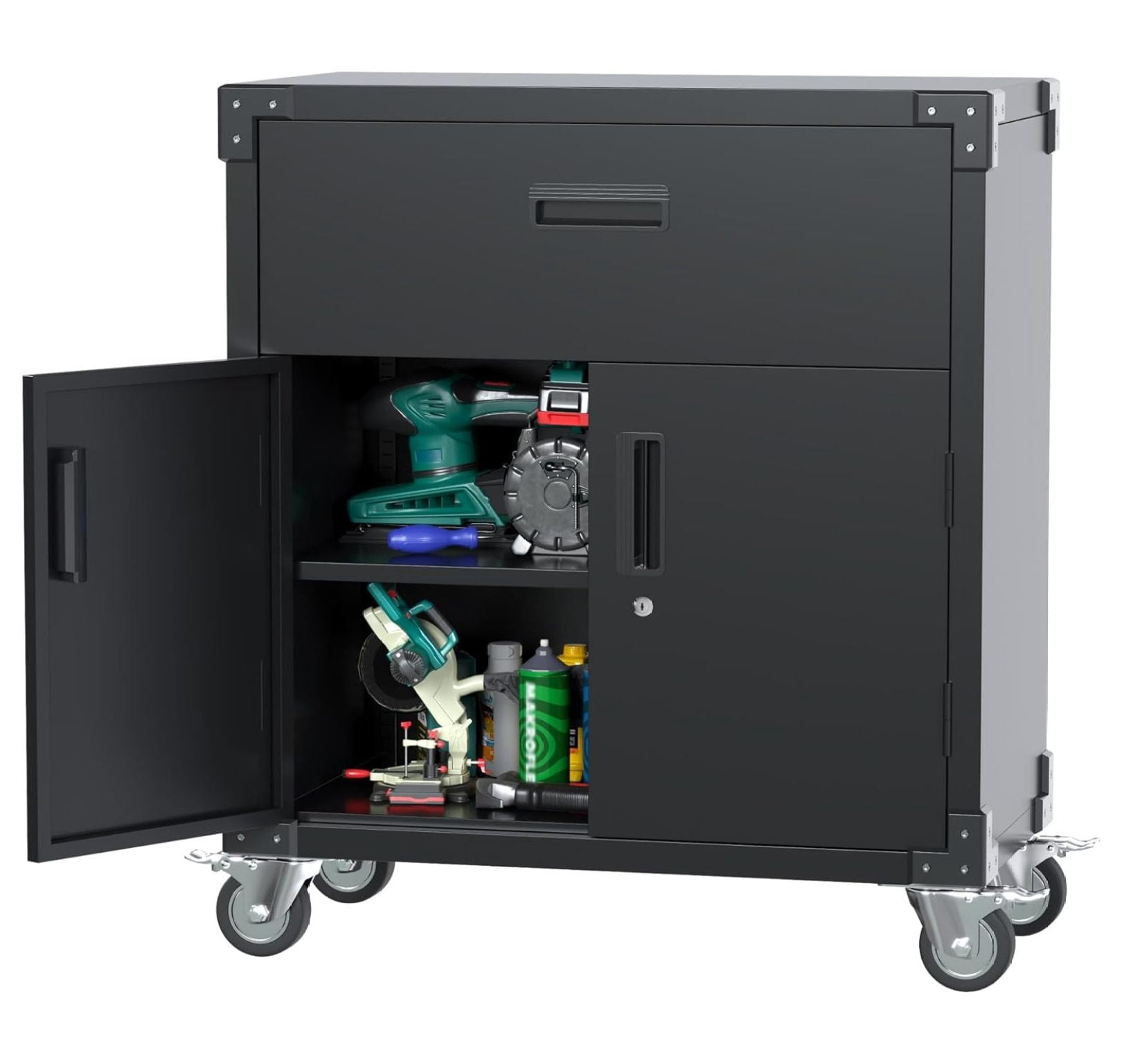 Metal Storage Cabinet with Wheels, Mobile Metal Garage Cabinet with 1 ...