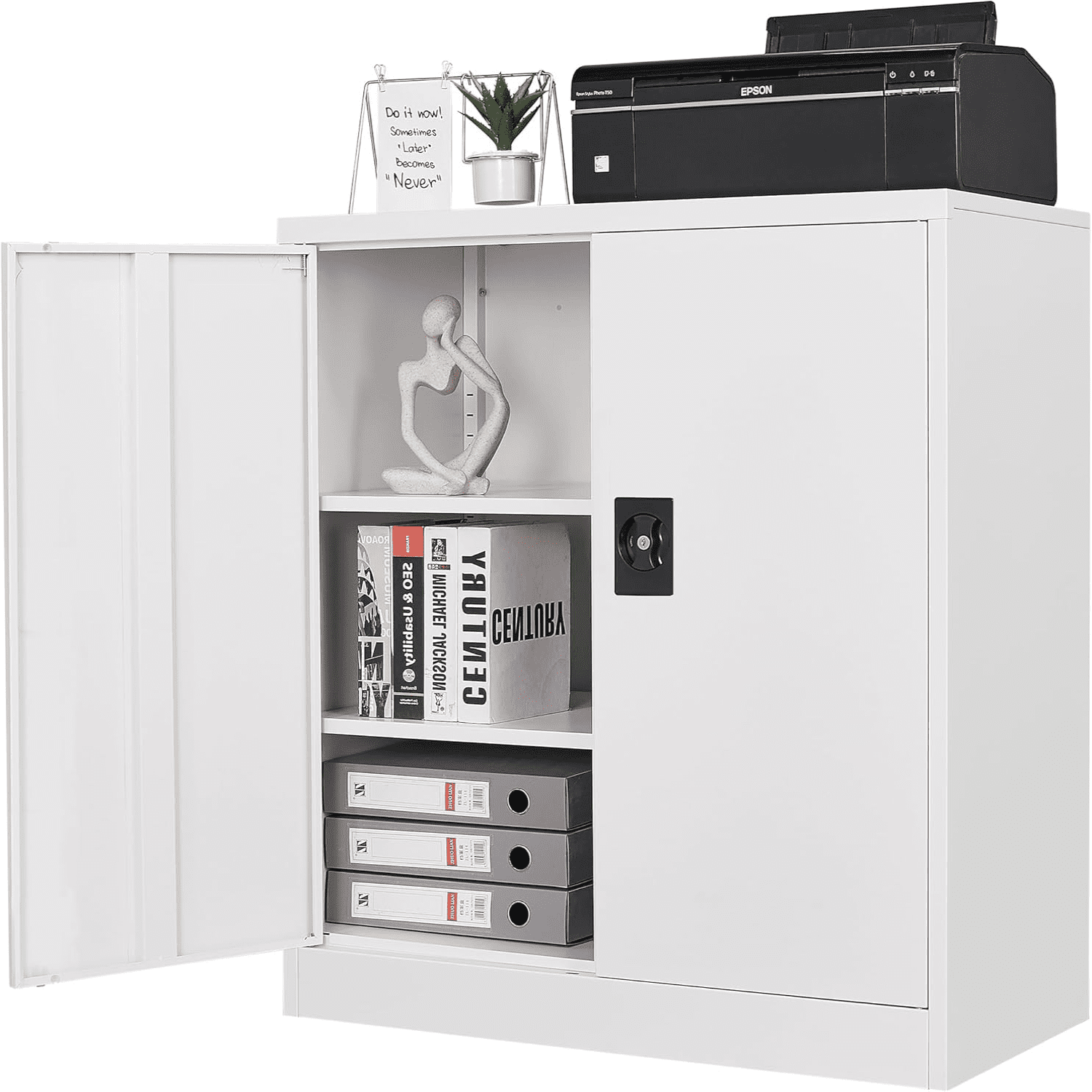 Metal Storage Cabinets with Lock Door 2 Adjustable Shelves Organizer ...