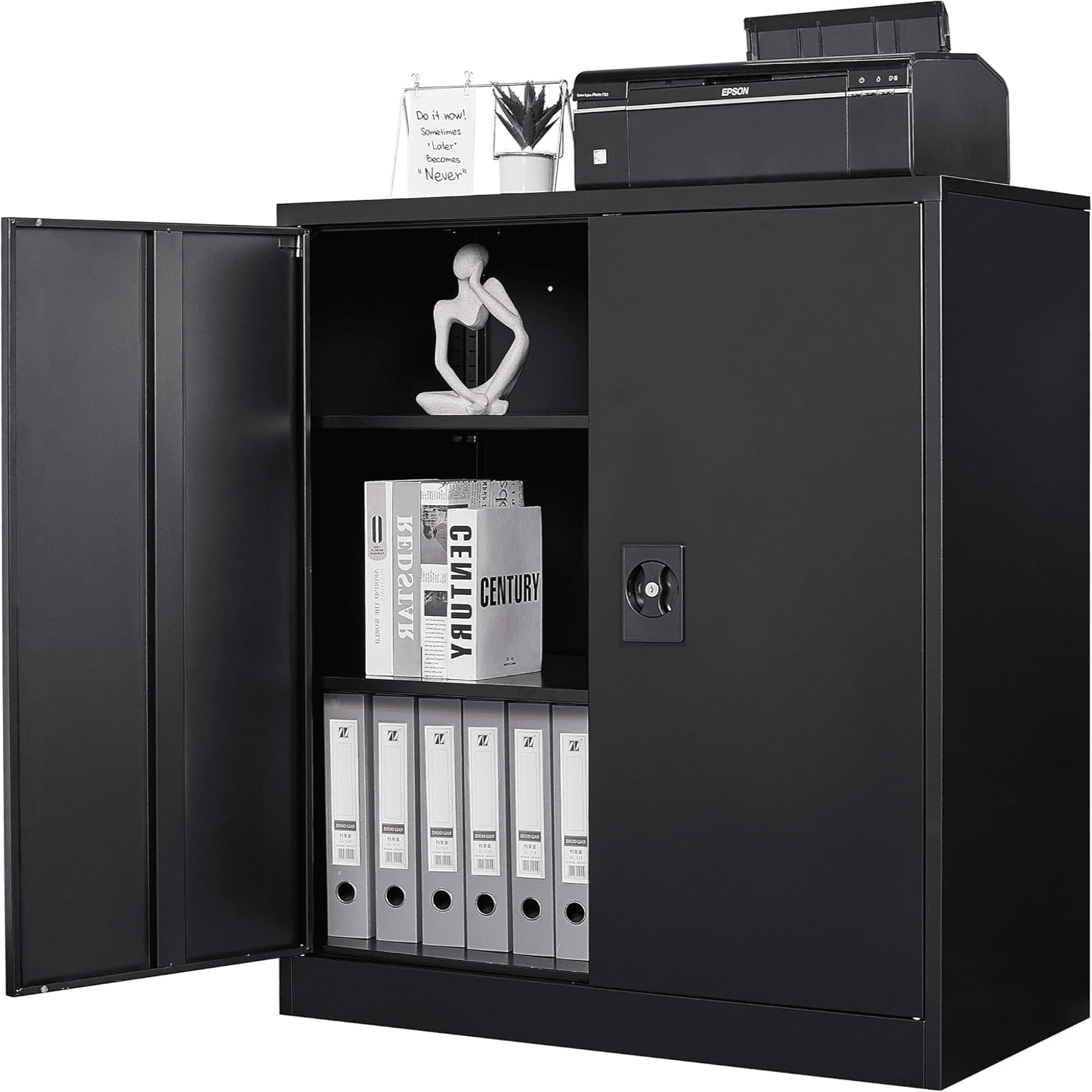 Metal Storage Cabinets with Lock Door 2 Adjustable Shelves Organizer ...