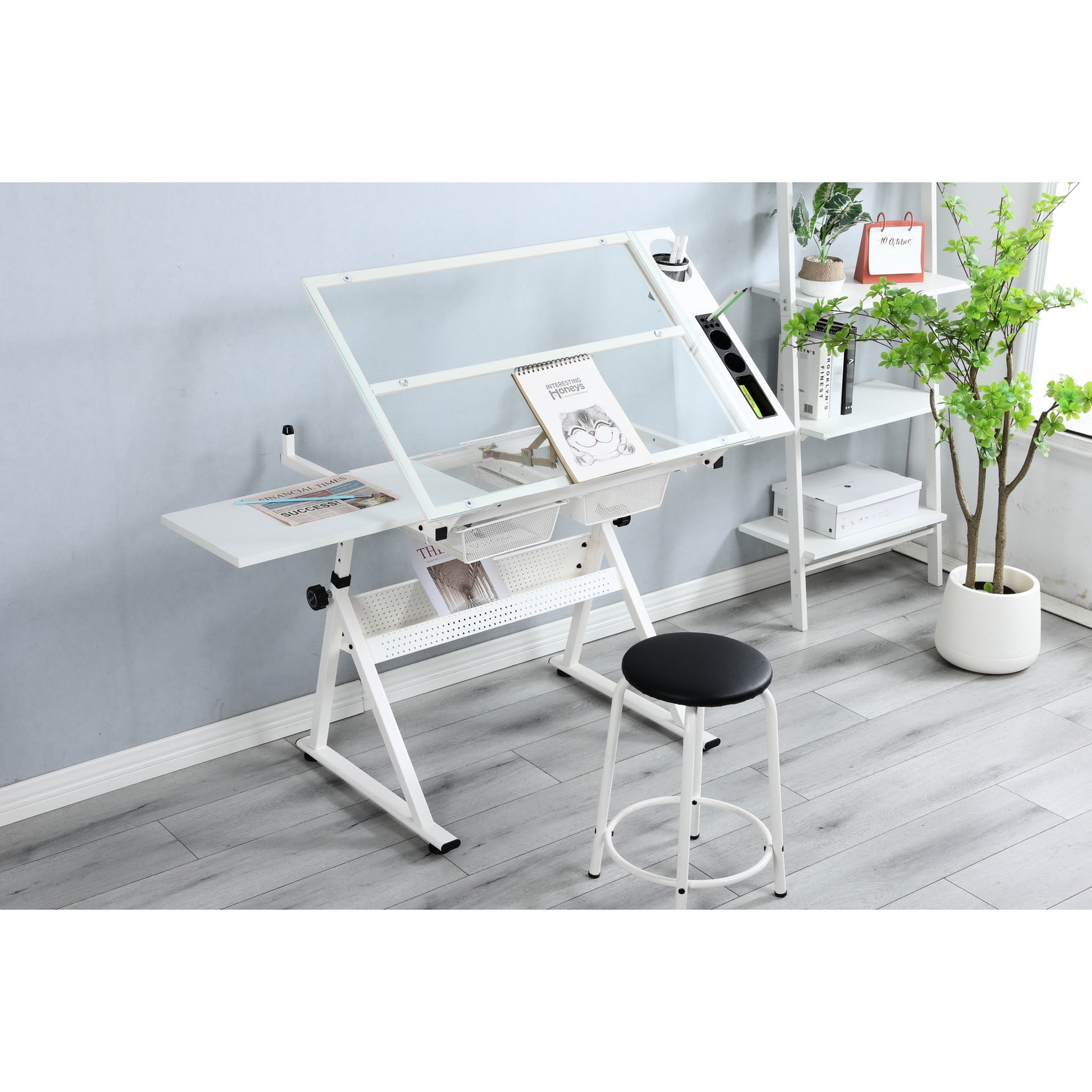Metal Storage Frame Glass Drafting Table - Hold Drawing Paper and ...
