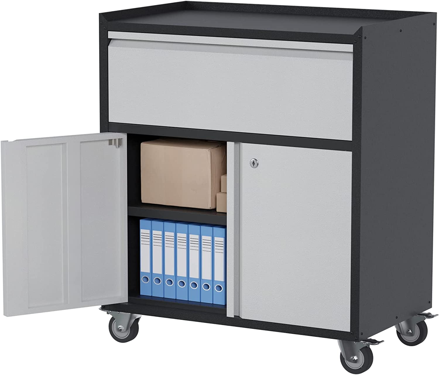 Metal Storage Garage Cabinet on Wheels Lockable Rolling Tool Cabinet ...