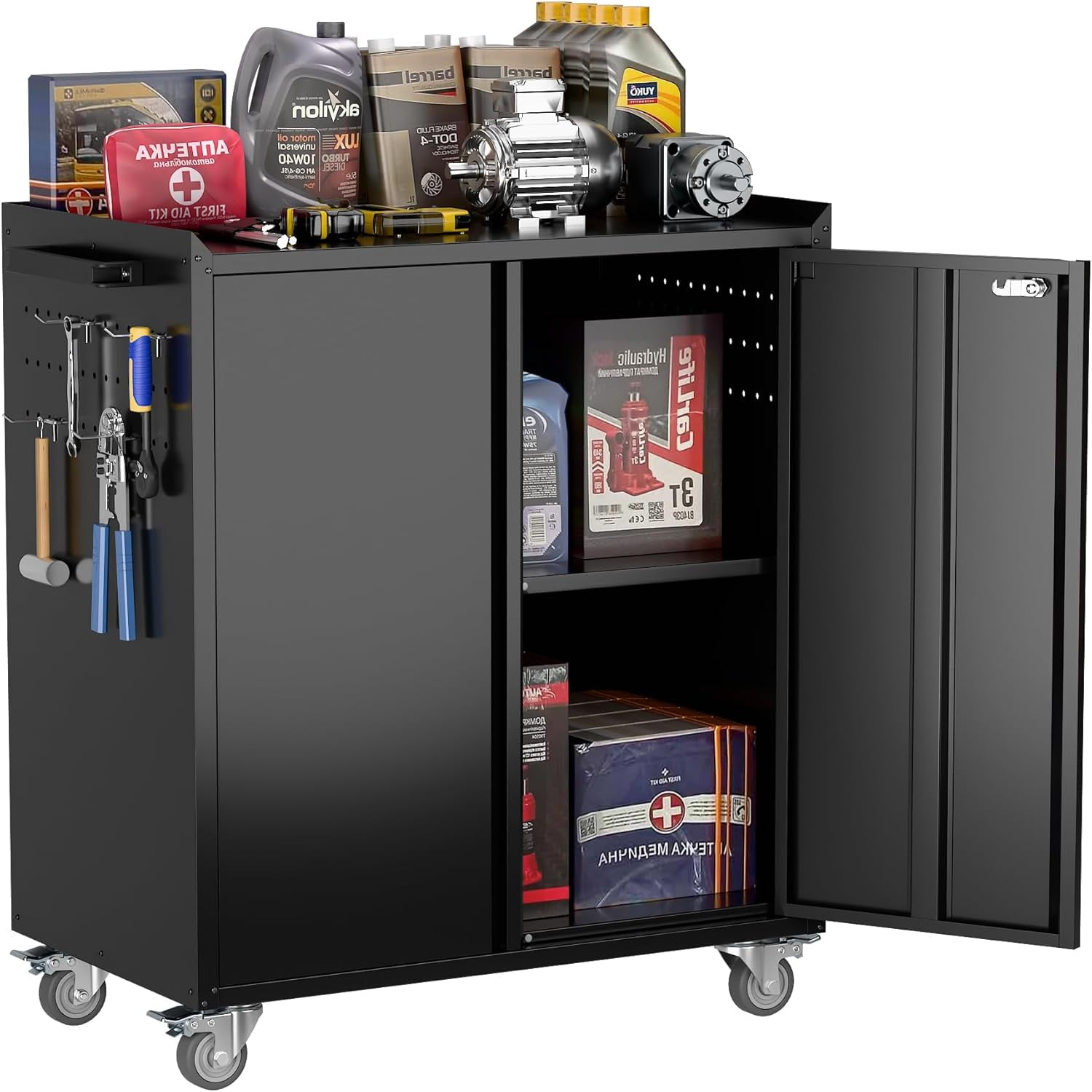 Metal Storage Garage Cabinet on Wheels Lockable Rolling Tool Cabinet ...