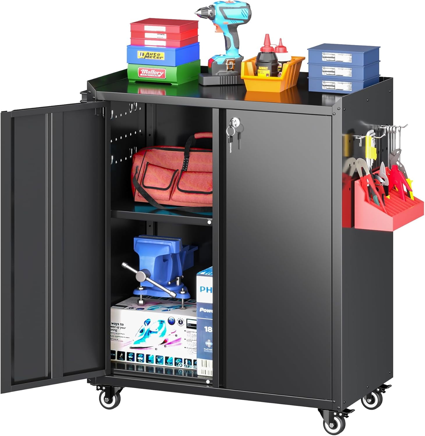 Metal Storage Garage Cabinet on Wheels, Lockable Rolling Tool Cabinet ...