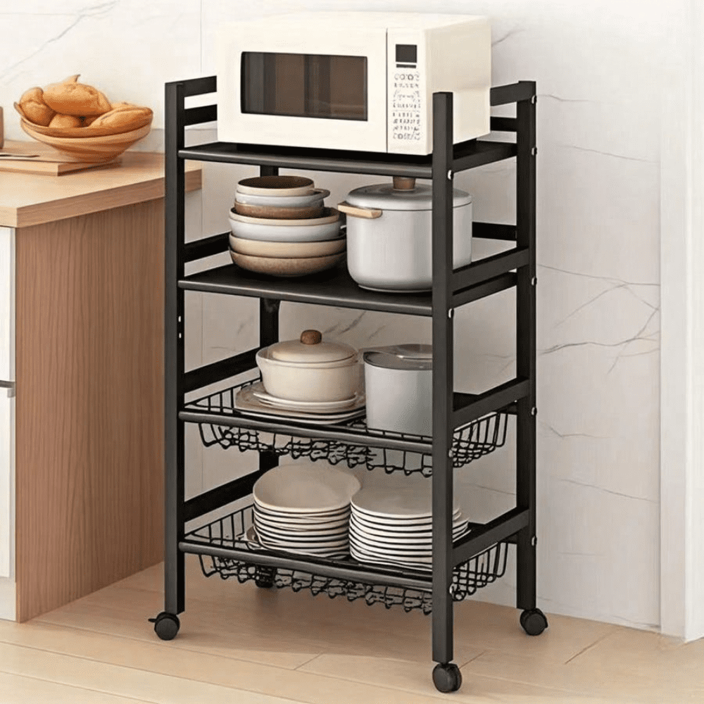 Metal Storage Shelves With Wheels, Adjustable 4-Tier Shelves With Wire ...