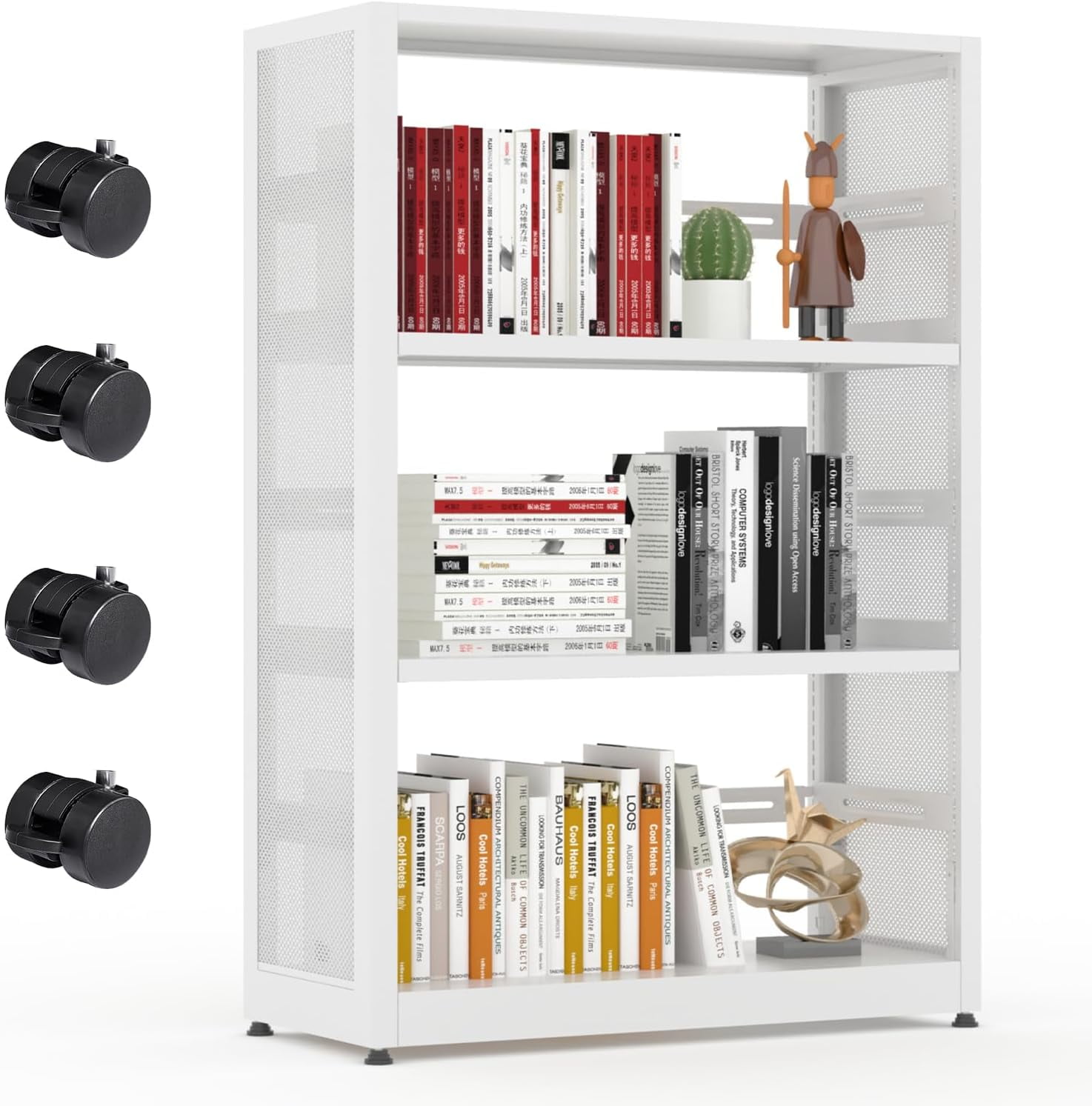 Metal Storage Shelves with Wheels and Adjustable Feet,3 Tier Bookshelf ...