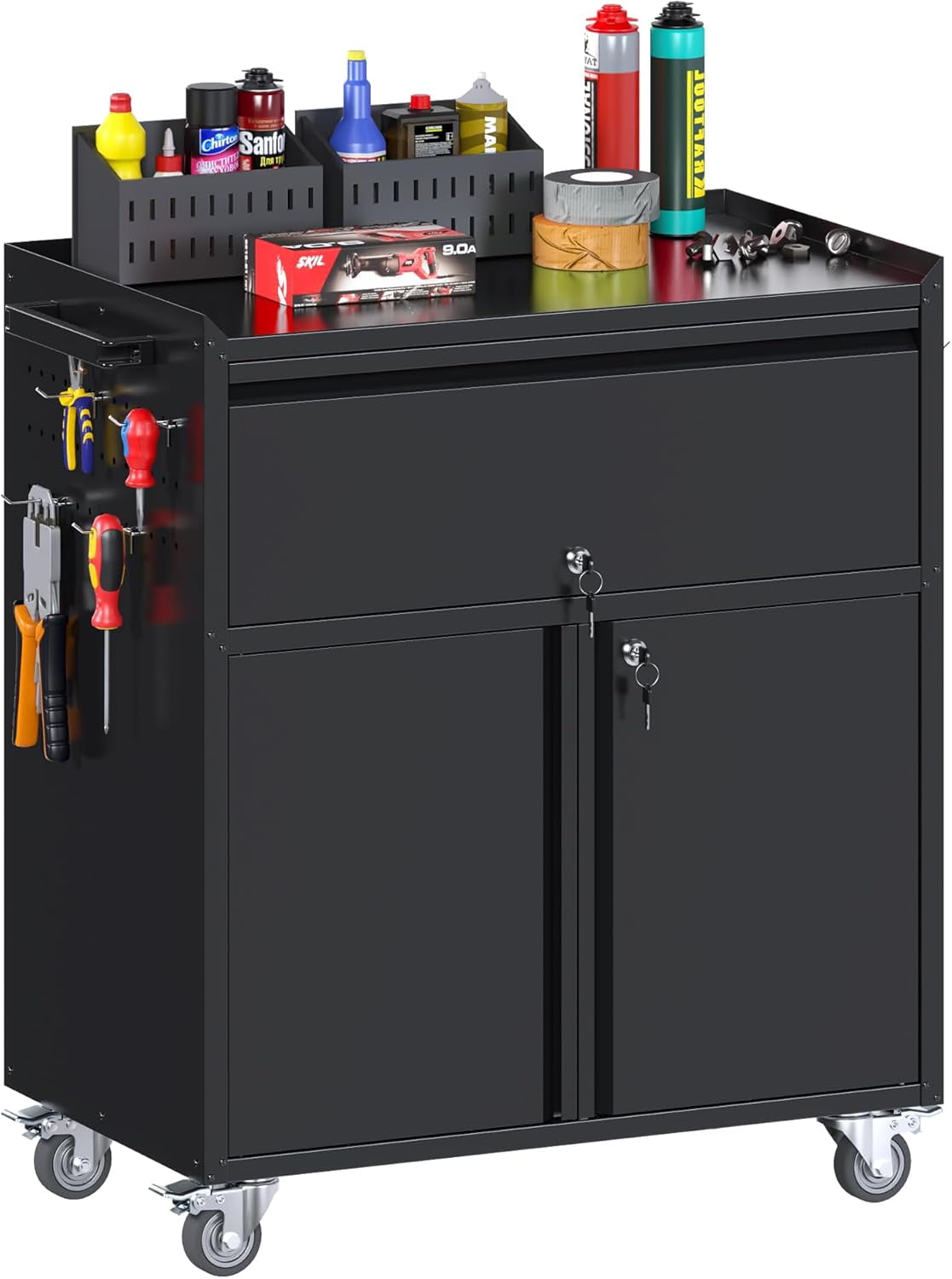 Metal Storage Tool Cabinet on Wheels, Lockable Rolling Cabinet with 1 ...