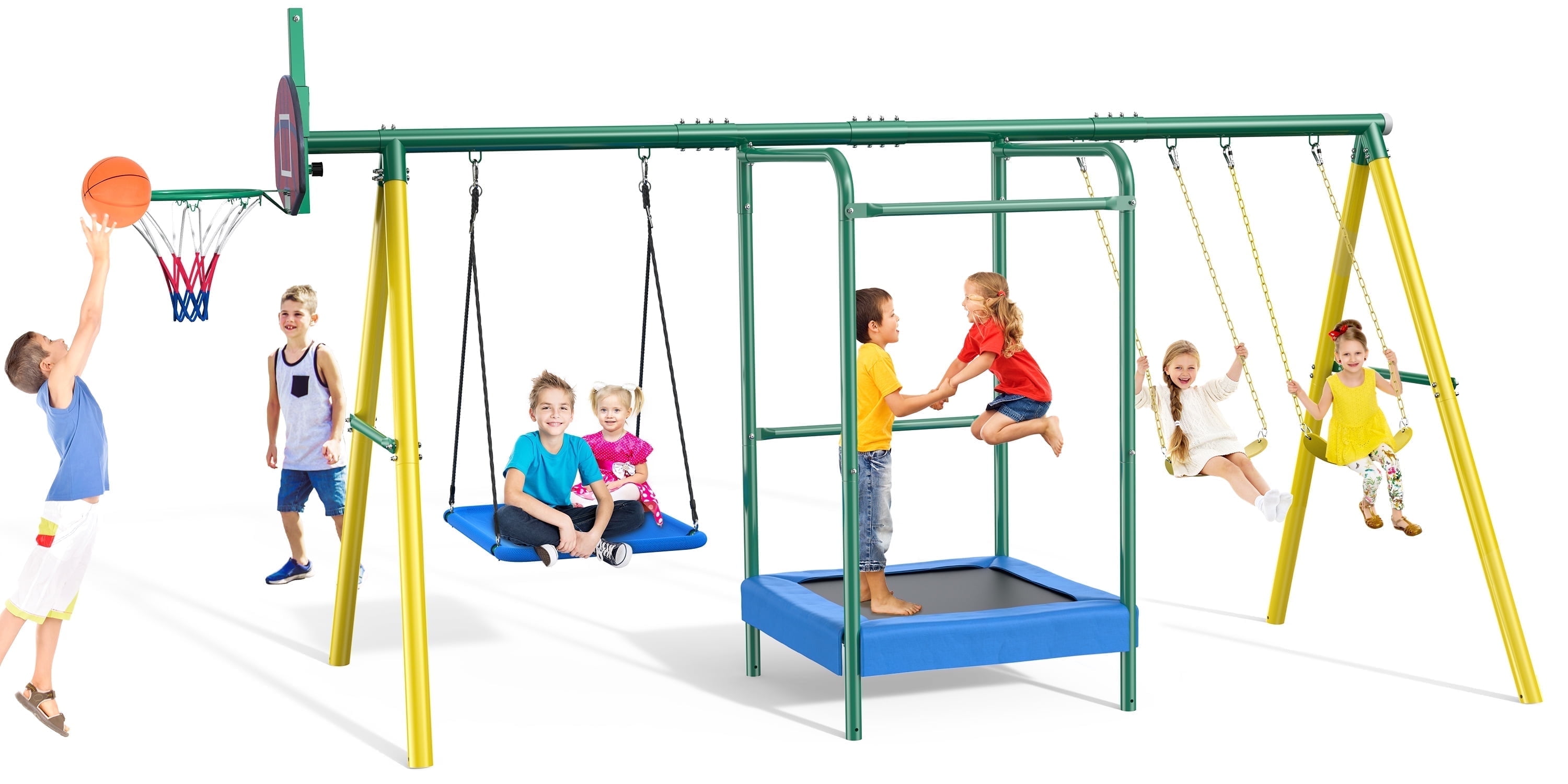 Metal Swing Sets for Backyard, Ymiko Heavy-Duty Outside Kids Toys with ...