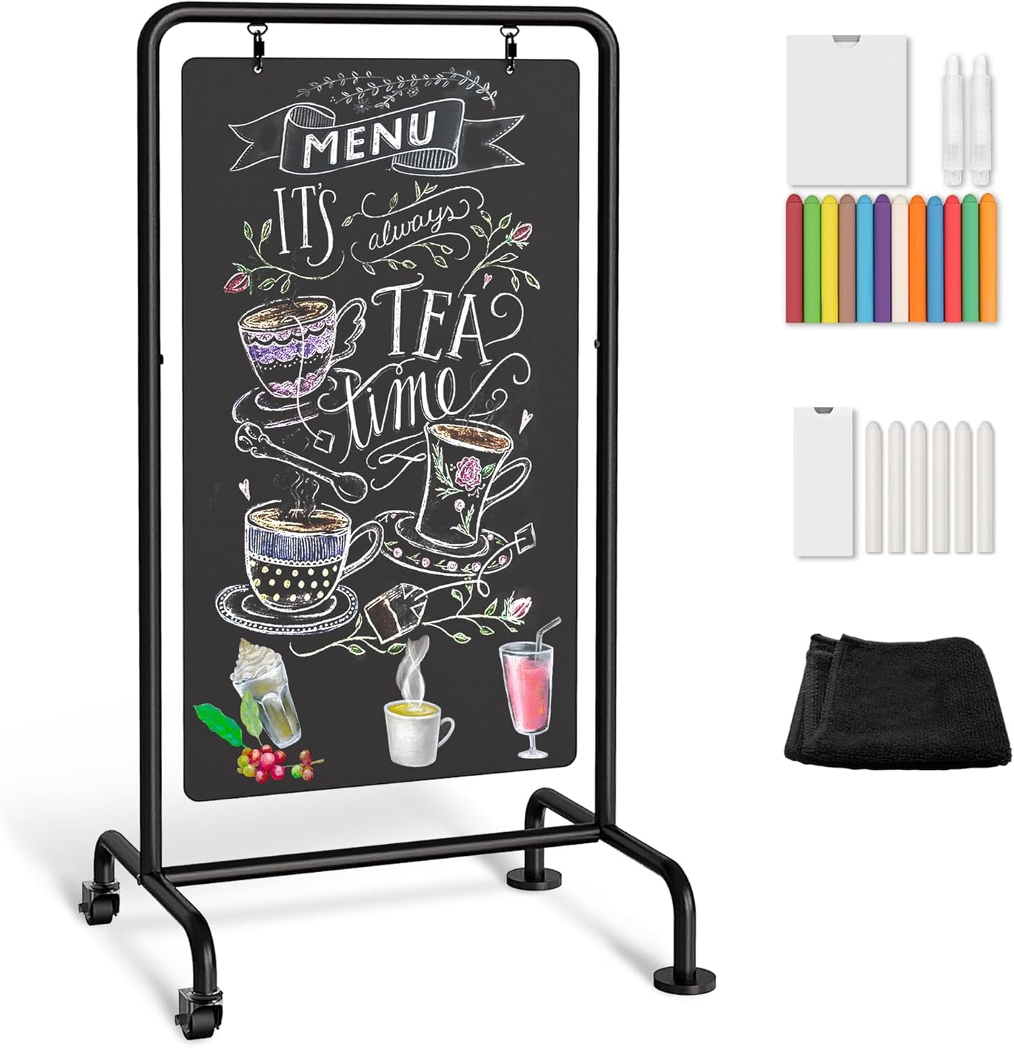 Metal Swinging Chalkboard with Wheels - 40" x 20" Double Sided Rolling ...